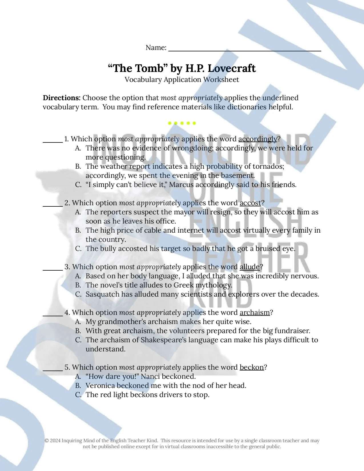 "The Tomb" by H.P. Lovecraft Quiz, Close Reading Activity, and ...