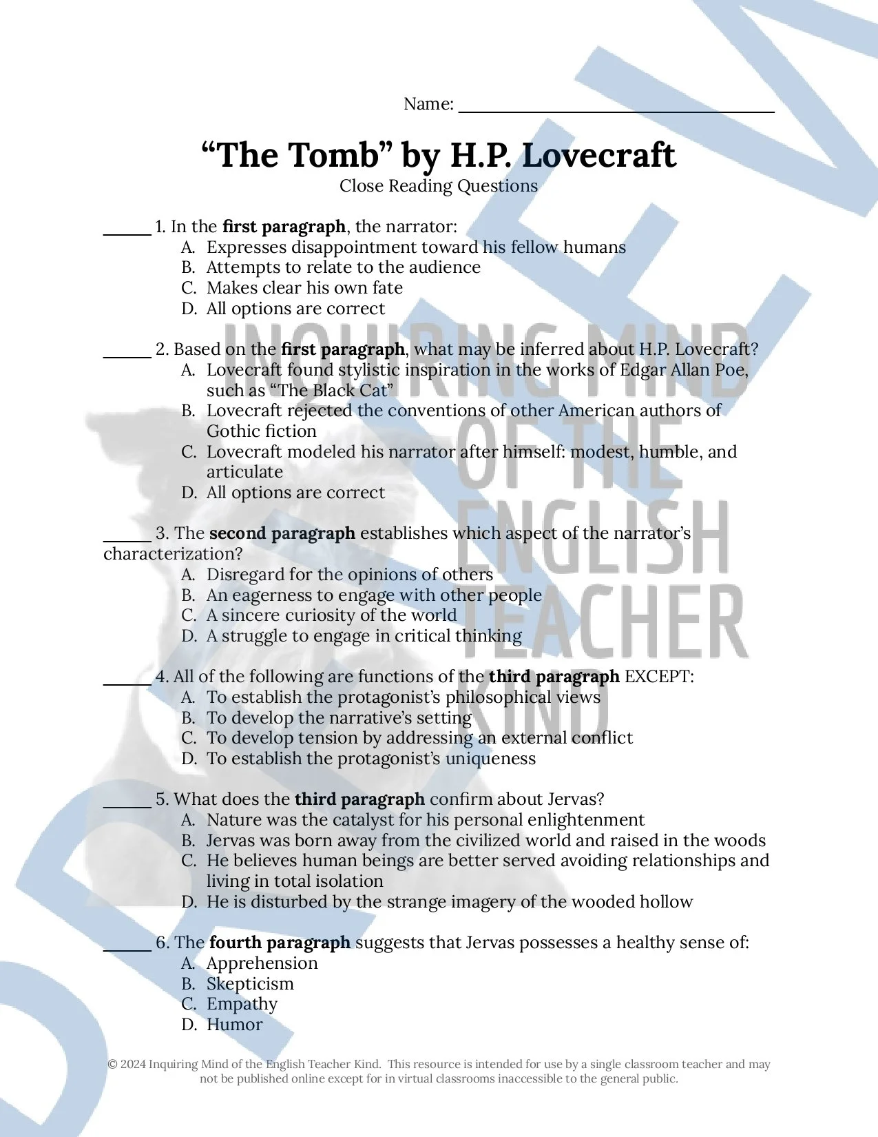 "The Tomb" by H.P. Lovecraft Quiz, Close Reading Activity, and ...