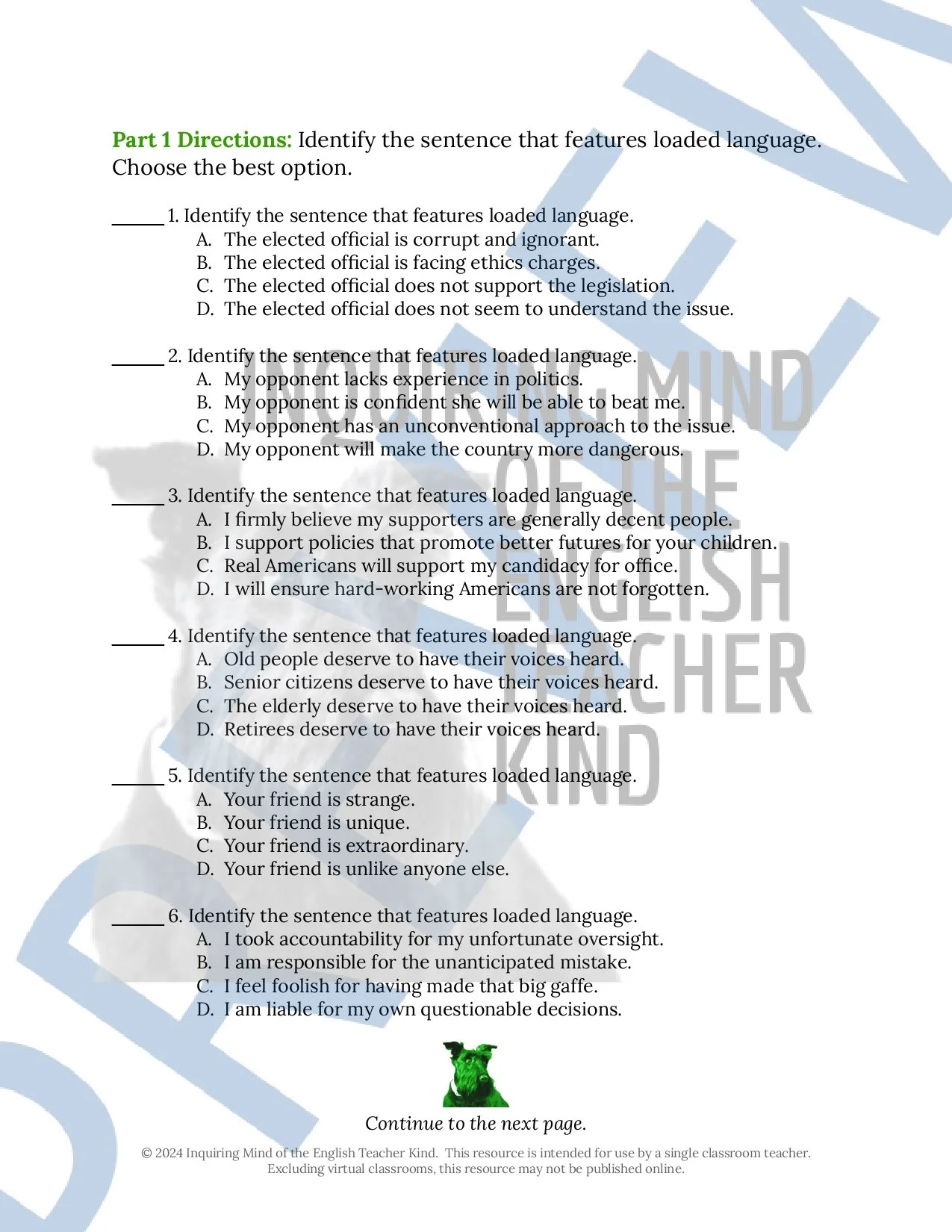 Grammar Worksheet on Loaded Language with Answer Key — Inquiring Mind ...