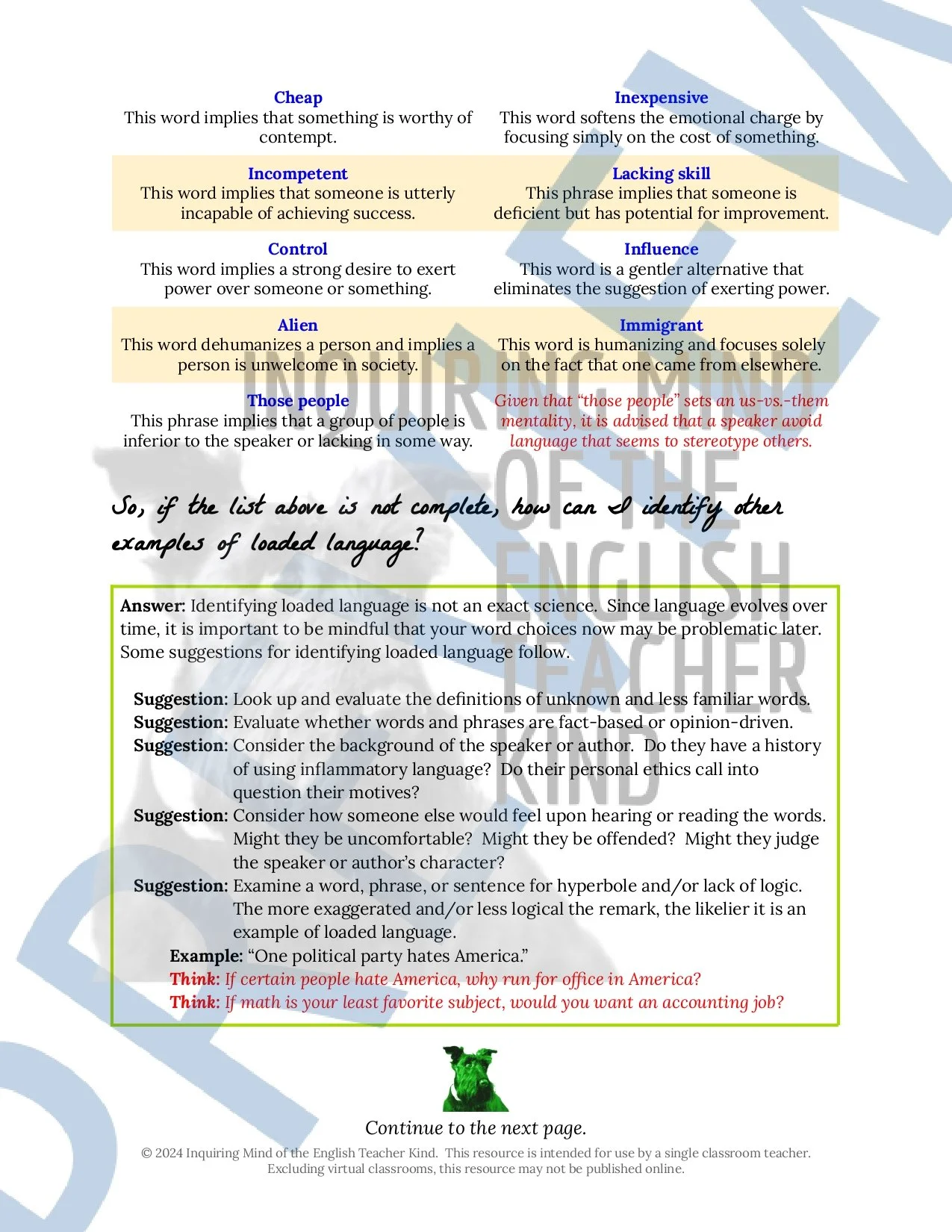 Grammar Worksheet on Loaded Language with Answer Key — Inquiring Mind ...