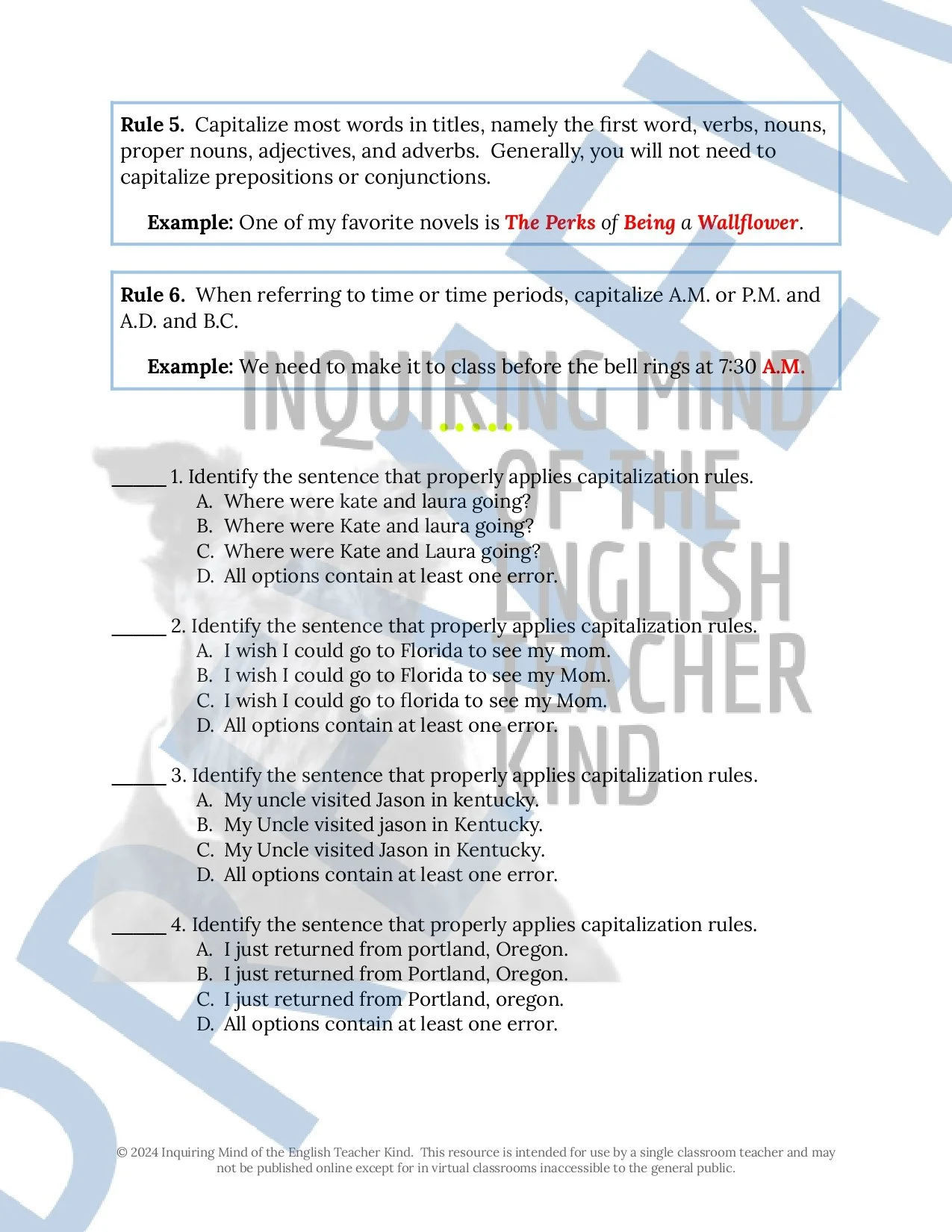 High School Grammar Practice Worksheet on Capitalization Errors with ...