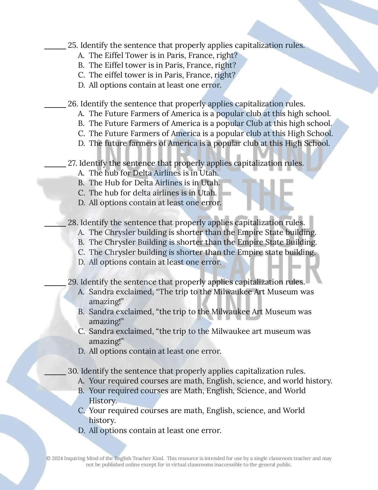 High School Grammar Practice Worksheet on Capitalization Errors with ...