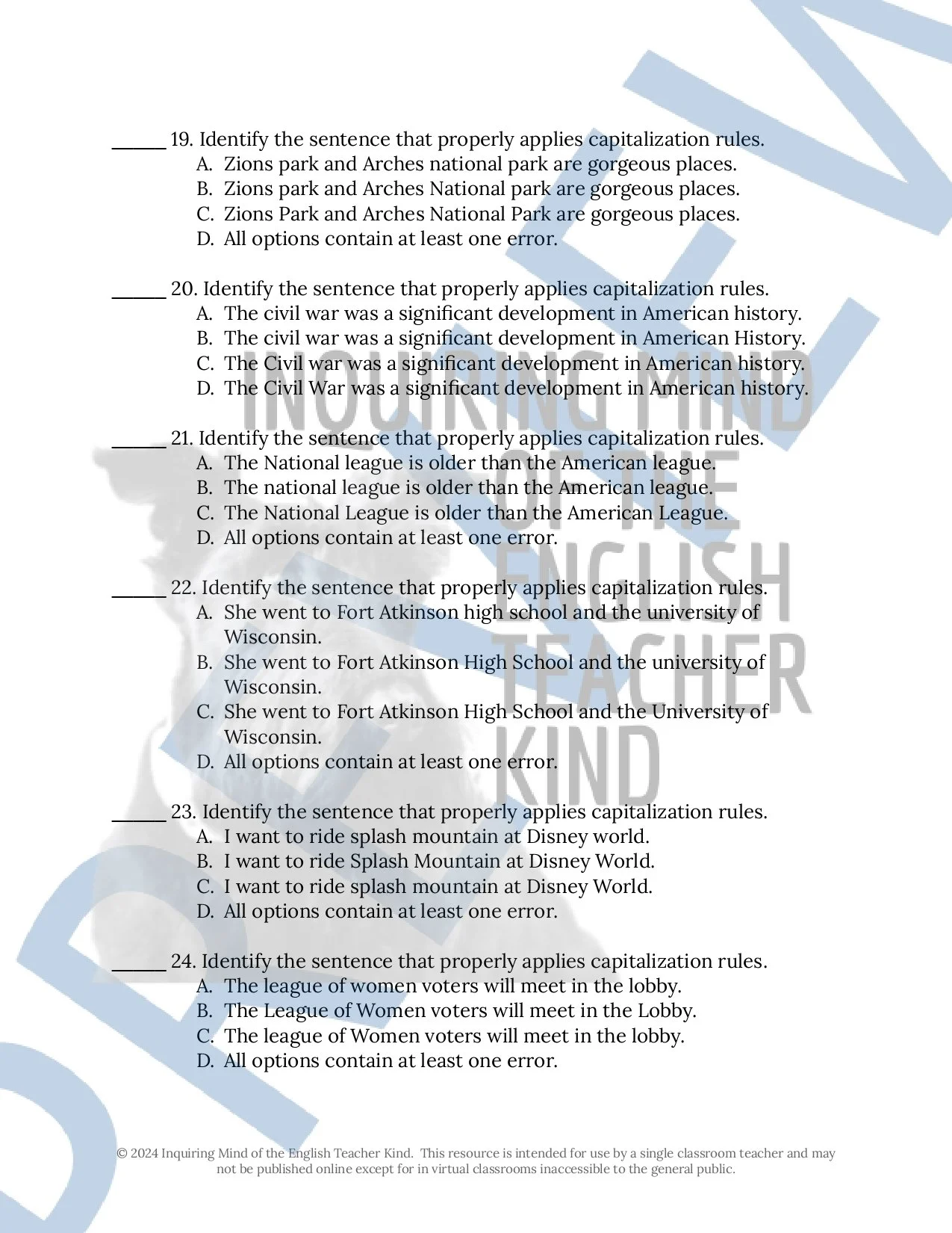 High School Grammar Practice Worksheet on Capitalization Errors with ...