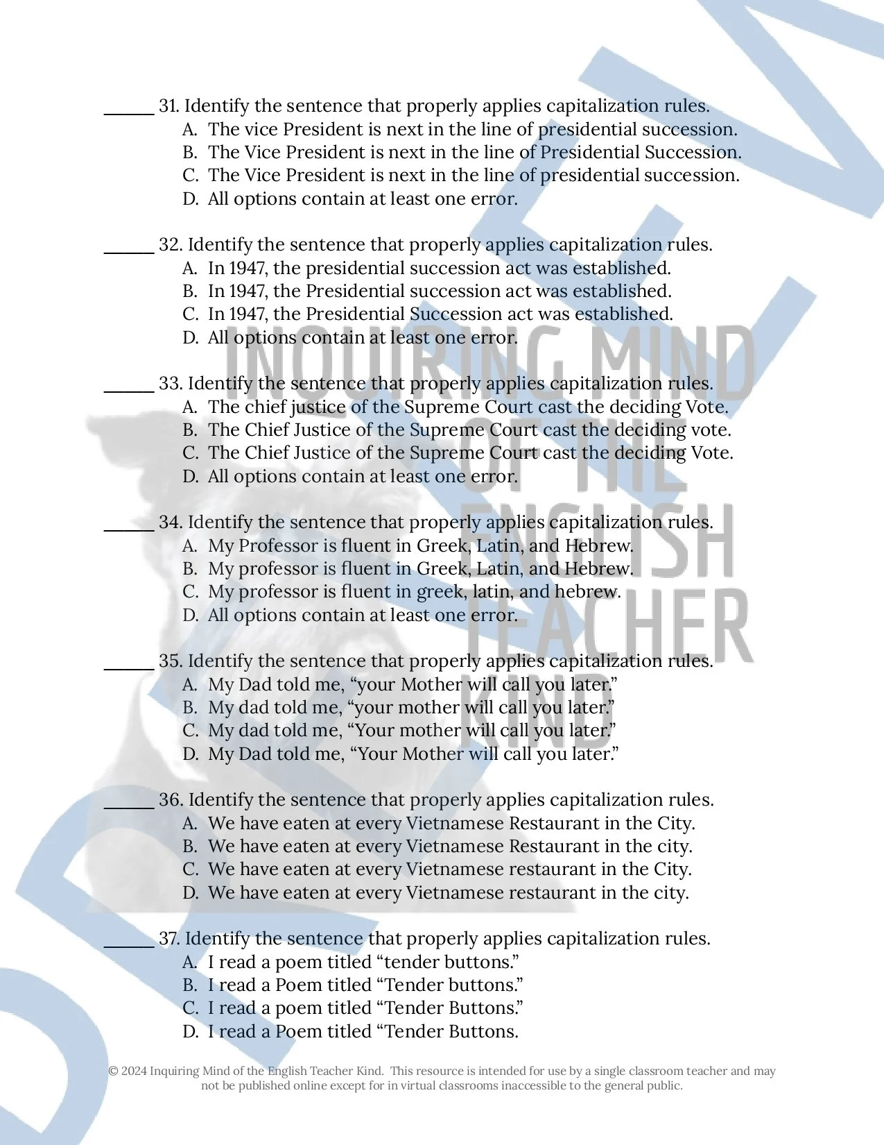 High School Grammar Practice Worksheet on Capitalization Errors with ...