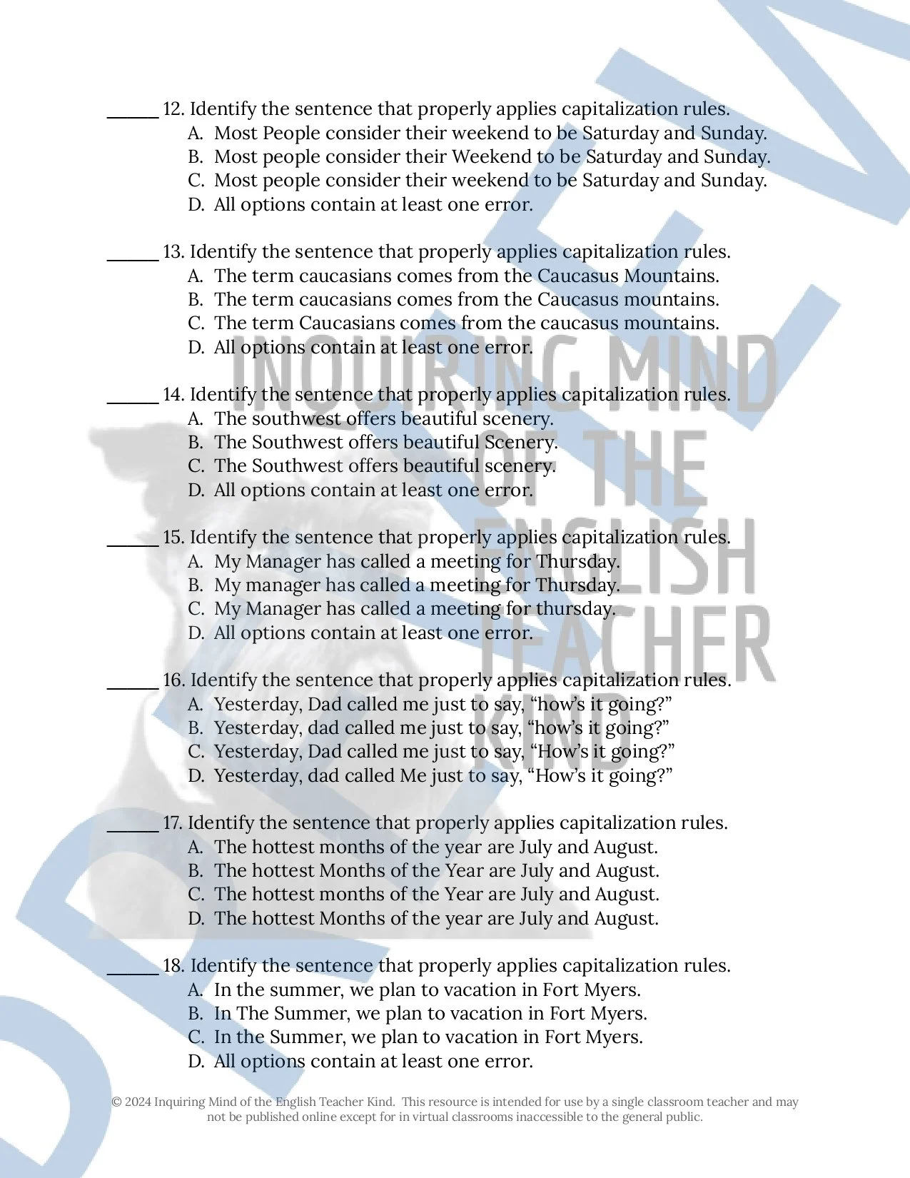 High School Grammar Practice Worksheet on Capitalization Errors with ...