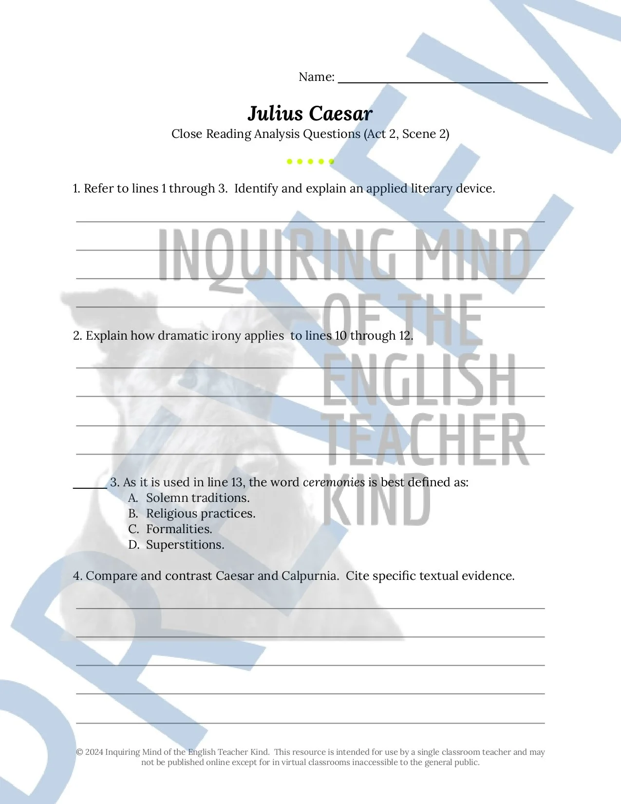 Julius Caesar Act 2 Quiz, Close Reading Worksheets, and Vocabulary ...