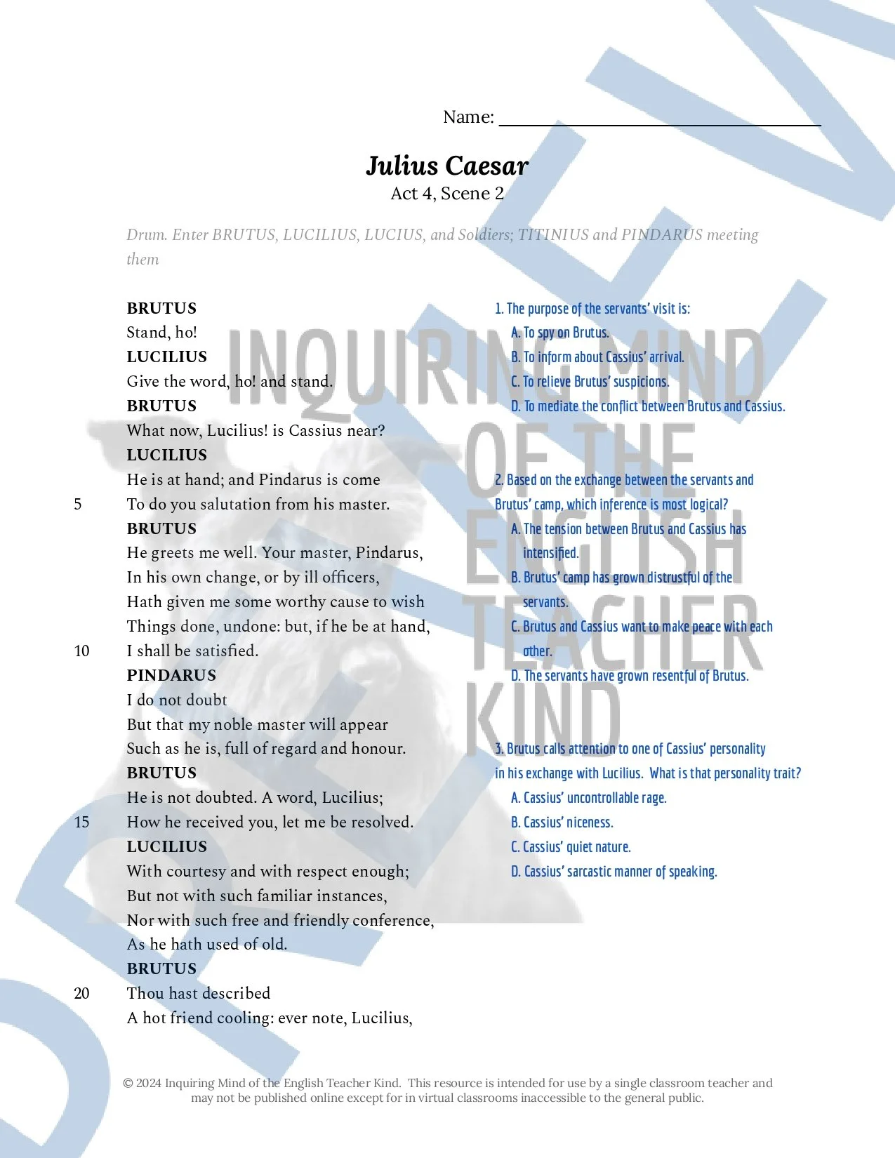 Julius Caesar Act 4 Quiz, Close Reading Worksheets, and Vocabulary ...