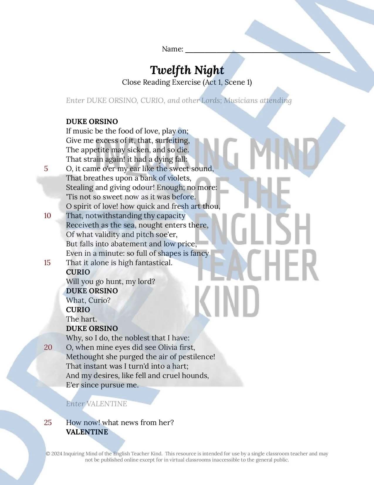 Twelfth Night Act 1 Quiz, Close Reading Worksheets, and Vocabulary ...