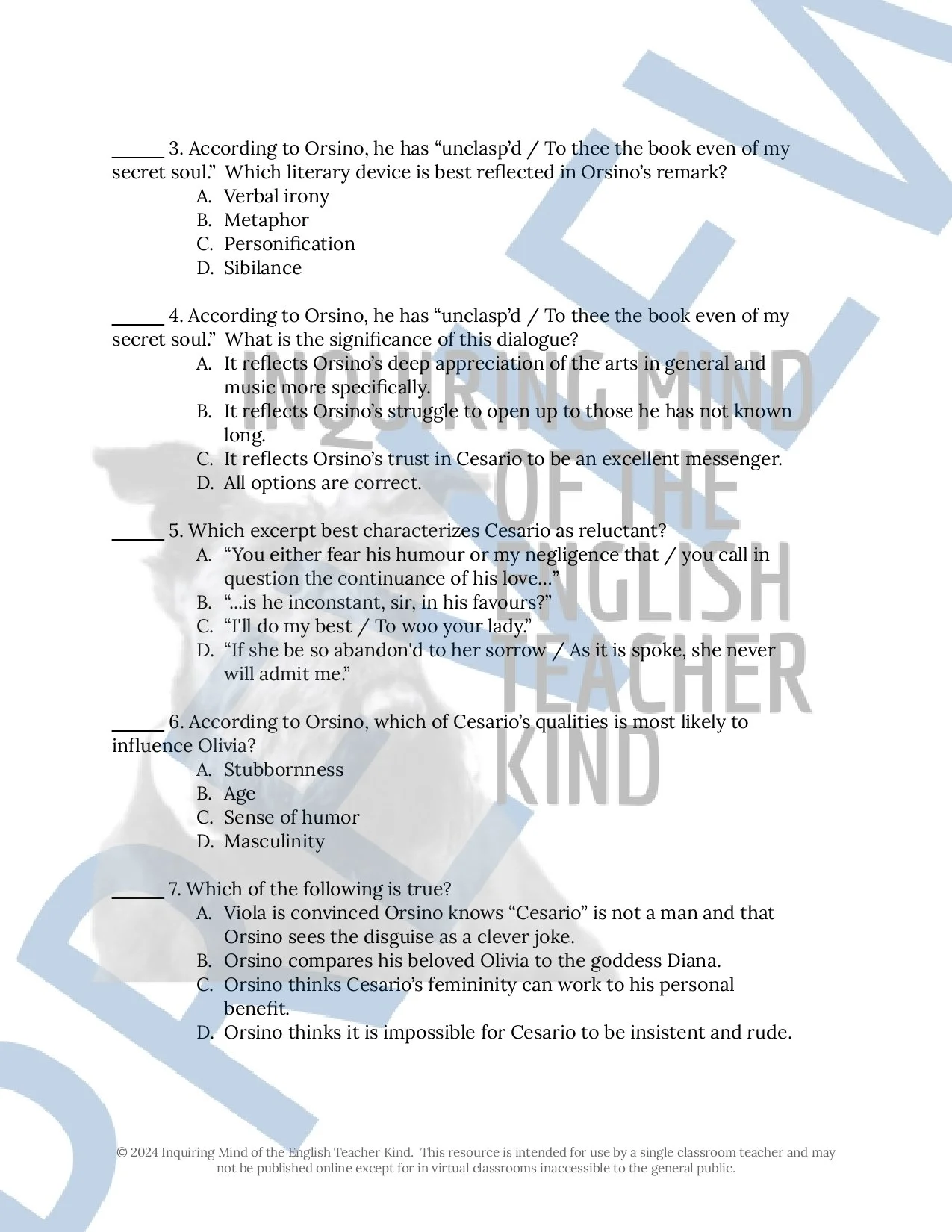 Twelfth Night Act 1 Quiz, Close Reading Worksheets, and Vocabulary ...