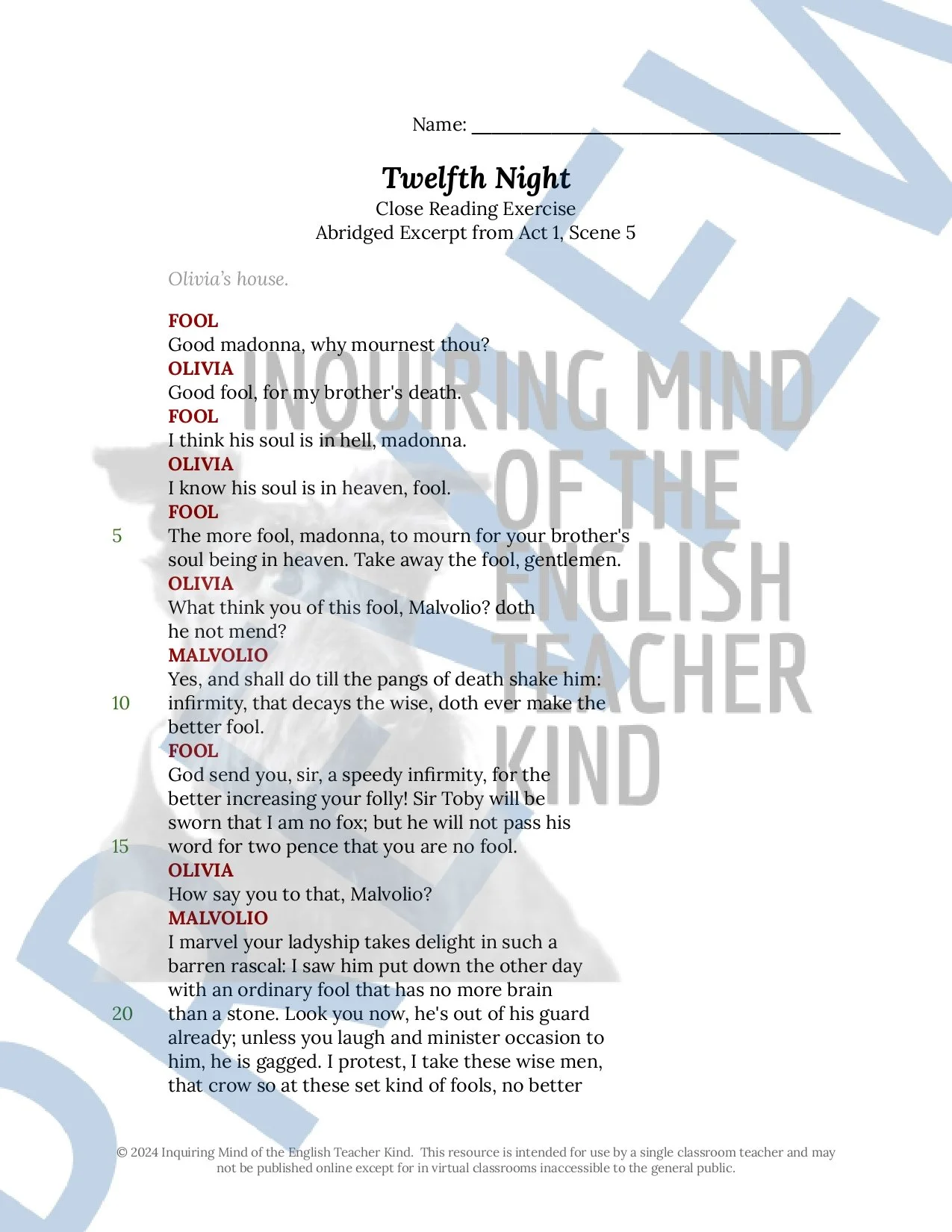 Twelfth Night Act 1 Quiz, Close Reading Worksheets, and Vocabulary ...