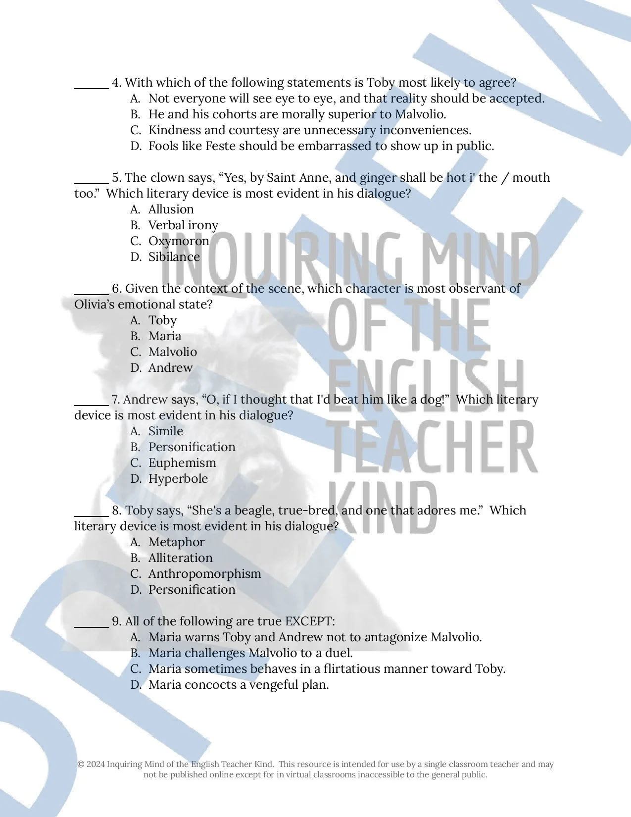 Twelfth Night Act 2 Quiz, Close Reading Worksheets, and Vocabulary ...
