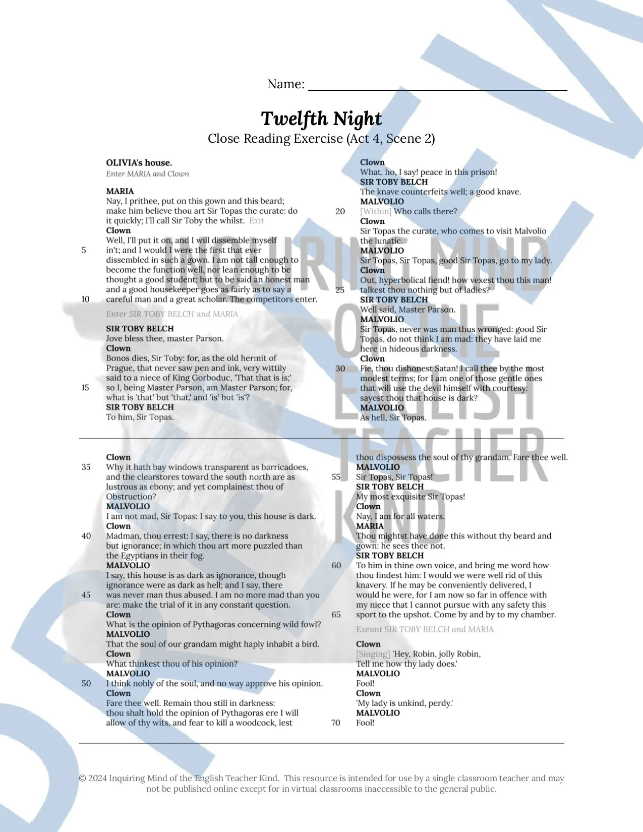 Twelfth Night Acts 4 and 5 Quizzes, Close Reading Worksheets, and ...