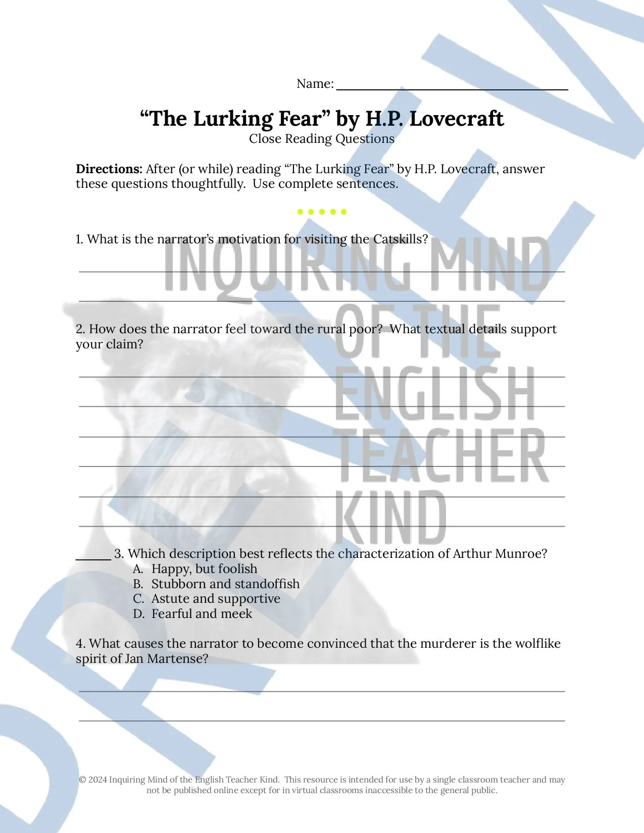 "The Lurking Fear" by H.P. Lovecraft Quiz, Close Reading Activity, and ...