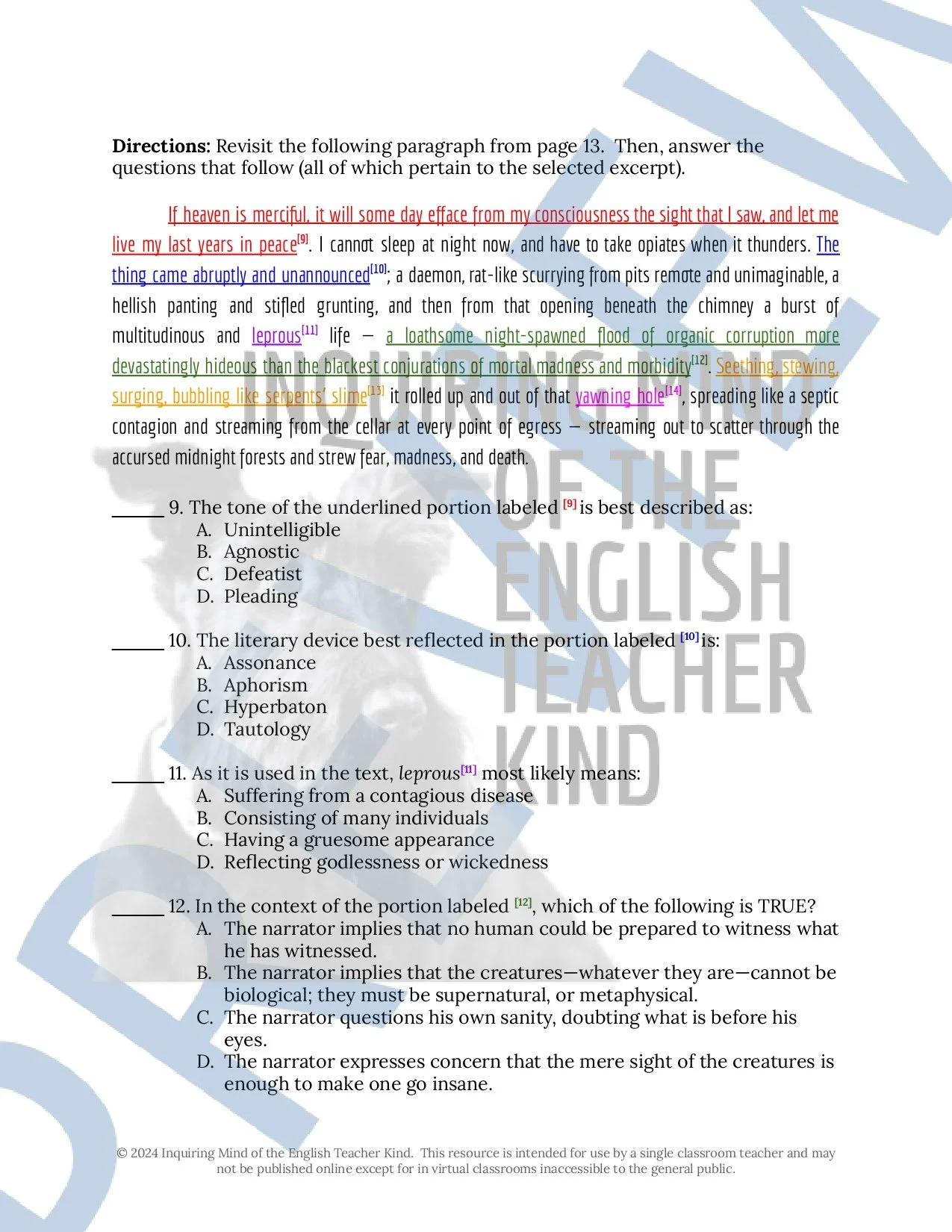 "The Lurking Fear" by H.P. Lovecraft Quiz, Close Reading Activity, and ...