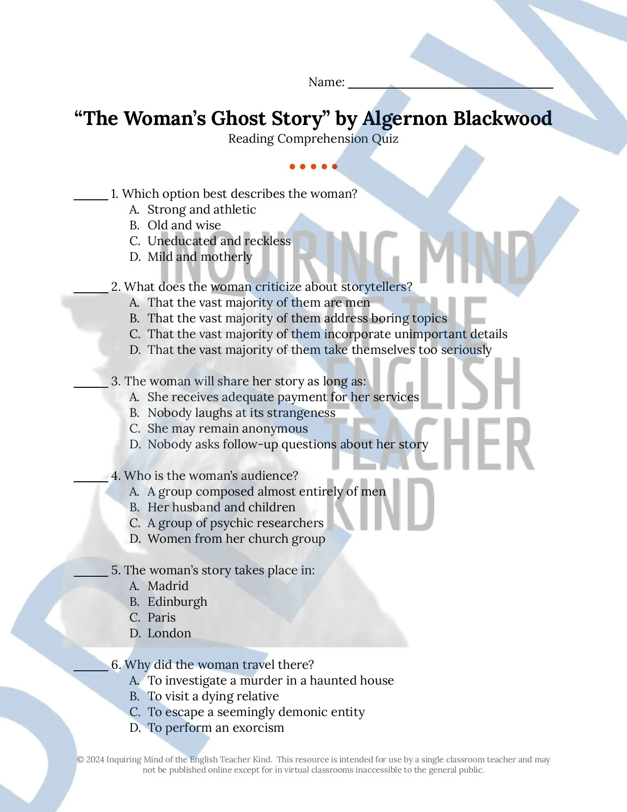 "The Woman's Ghost Story" by Algernon Blackwood Quiz, Close Reading ...