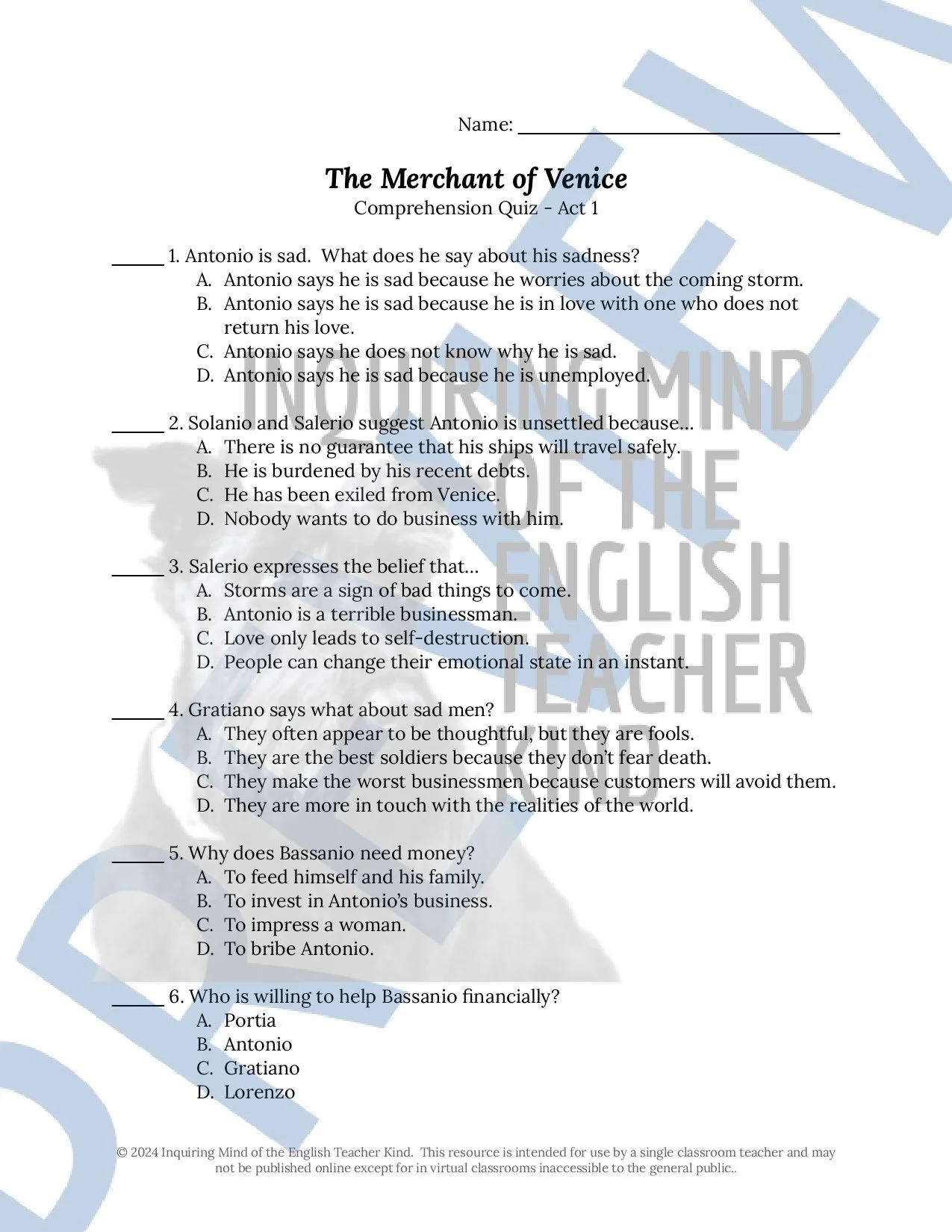 The Merchant of Venice Act 1 Quiz, Close Readings, and Vocabulary Games ...