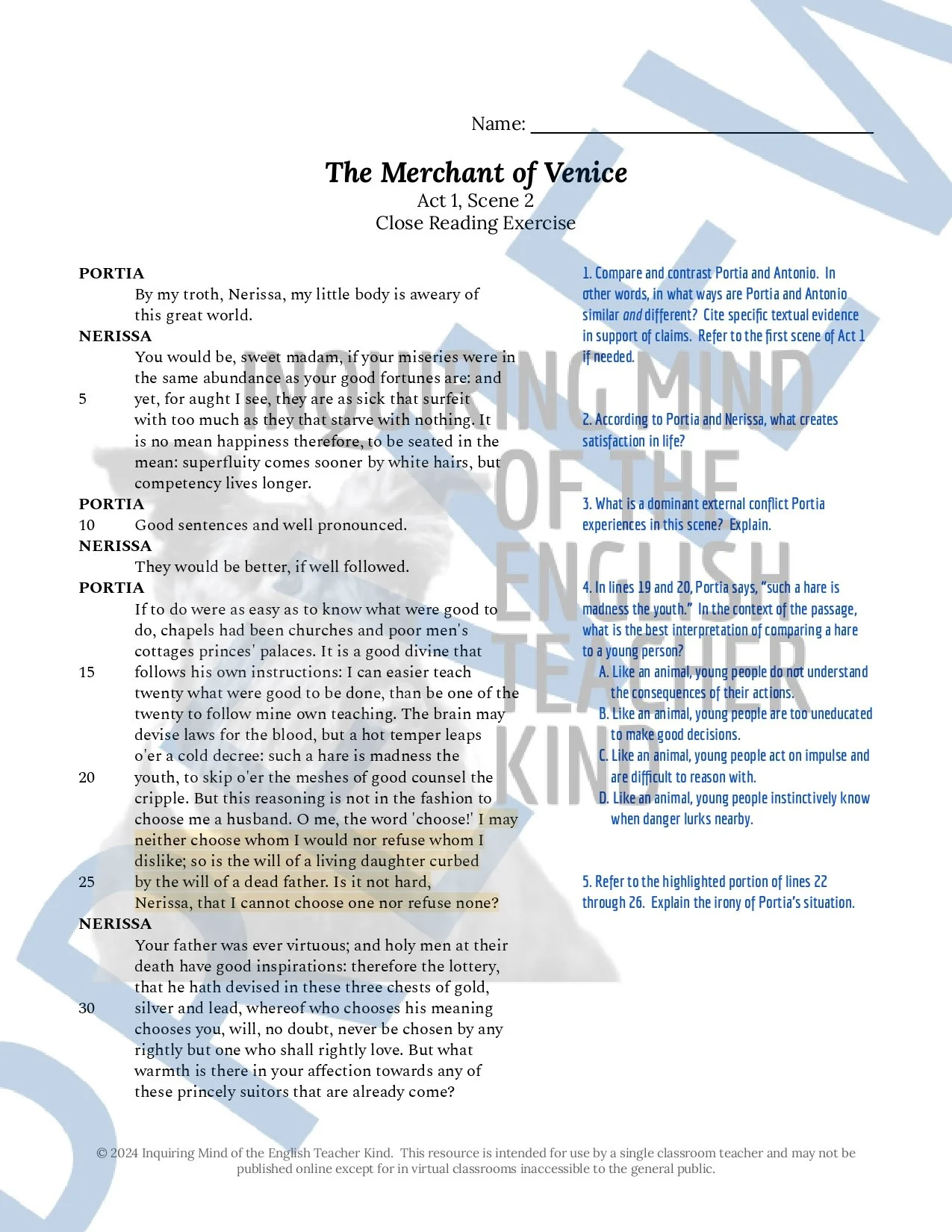 The Merchant of Venice Act 1 Quiz, Close Readings, and Vocabulary Games ...