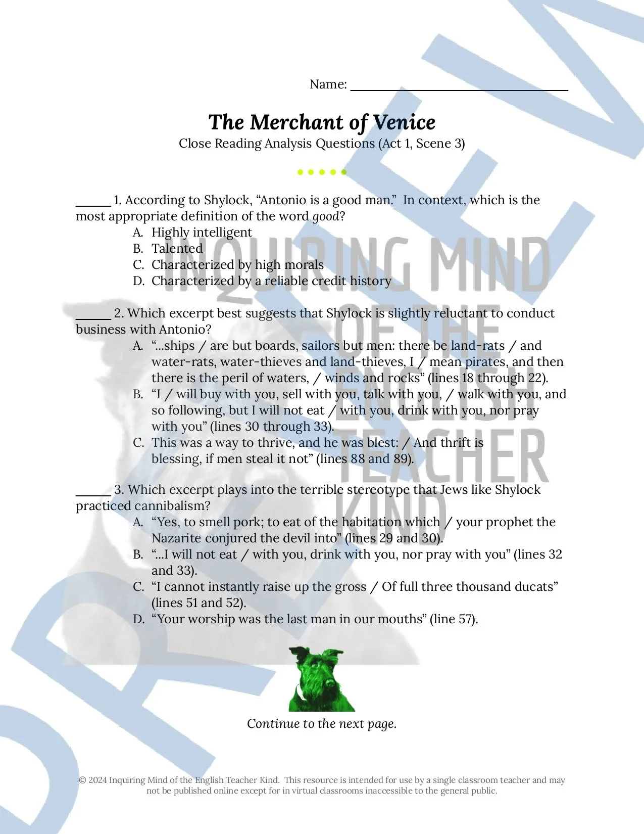 The Merchant of Venice Act 1 Quiz, Close Readings, and Vocabulary Games ...