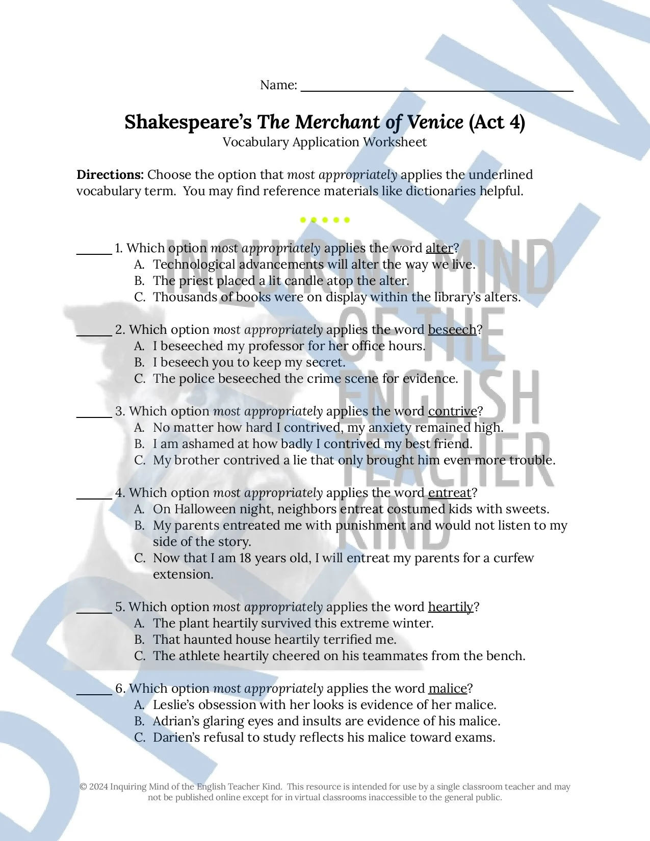 The Merchant of Venice Quizzes, Close Reading Worksheets, Vocabulary ...