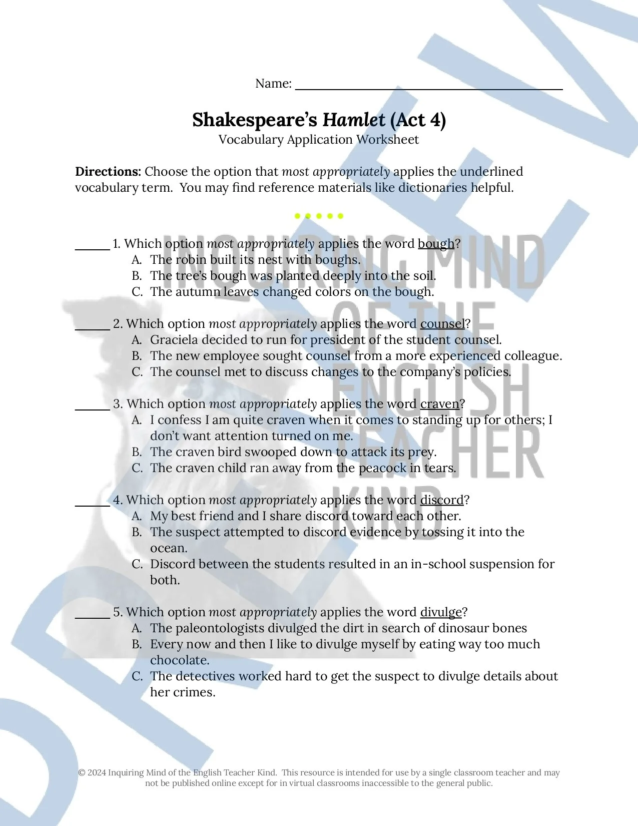 Hamlet Act 4 Quiz, Close Reading Worksheets, and Vocabulary Games ...