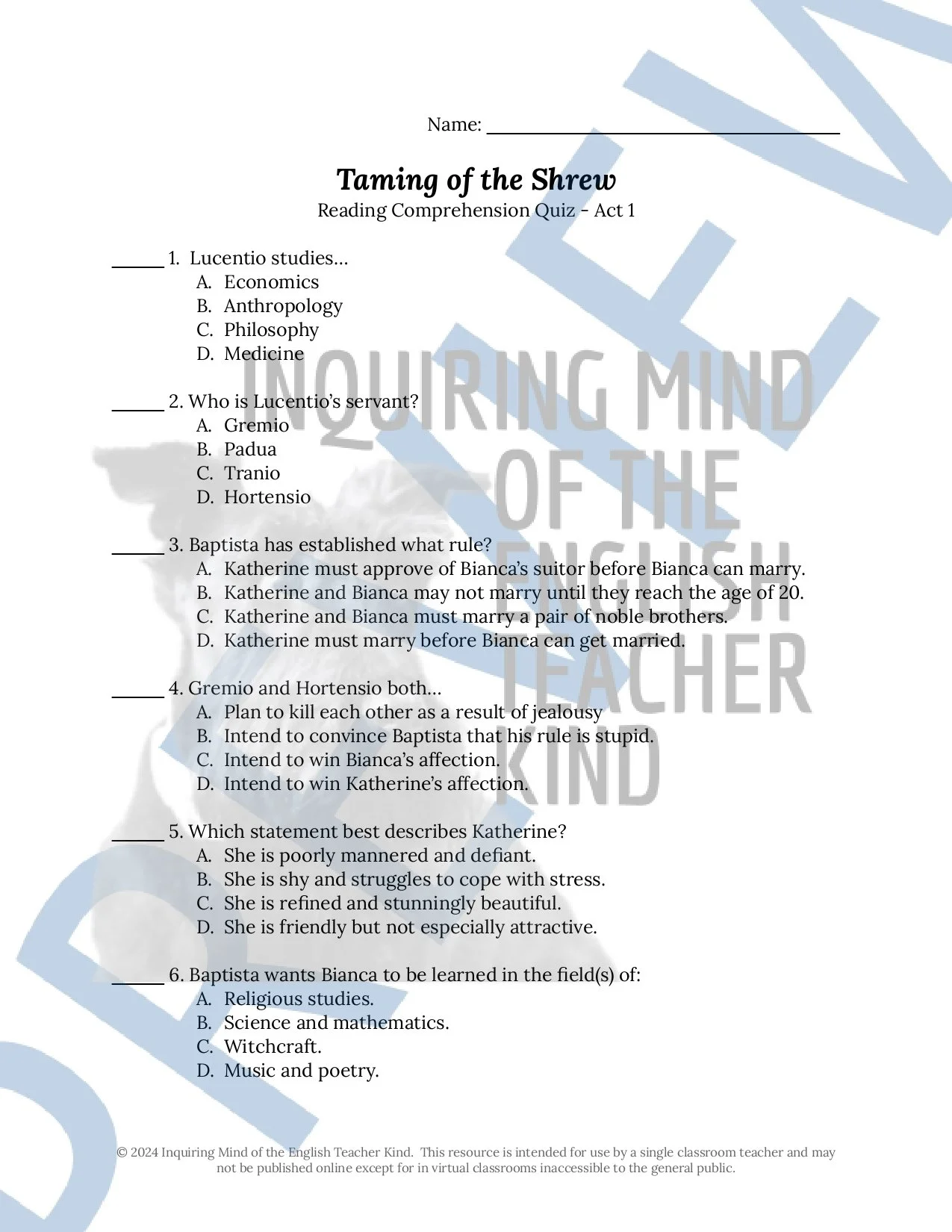 The Taming of the Shrew Act 1 Quiz, Close Readings, and Vocabulary ...