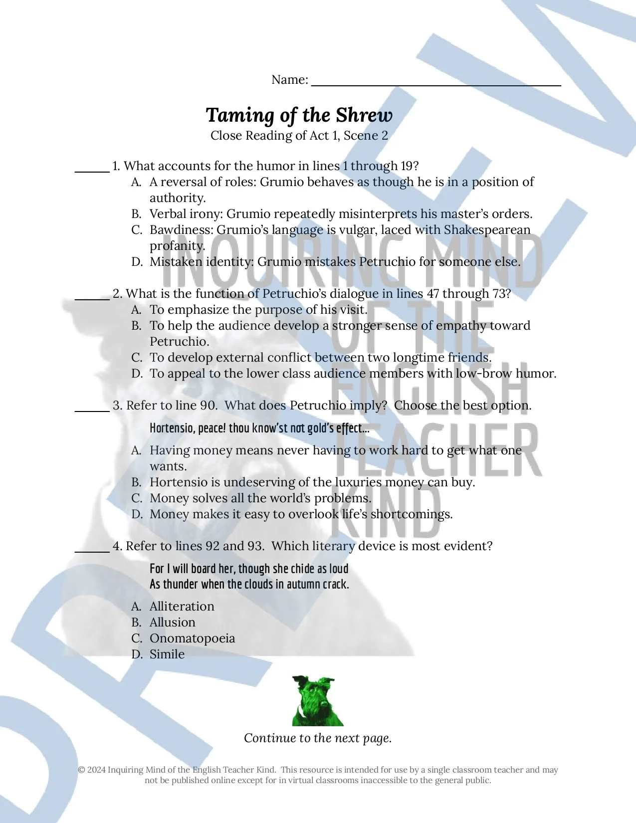 The Taming of the Shrew Act 1 Quiz, Close Readings, and Vocabulary ...