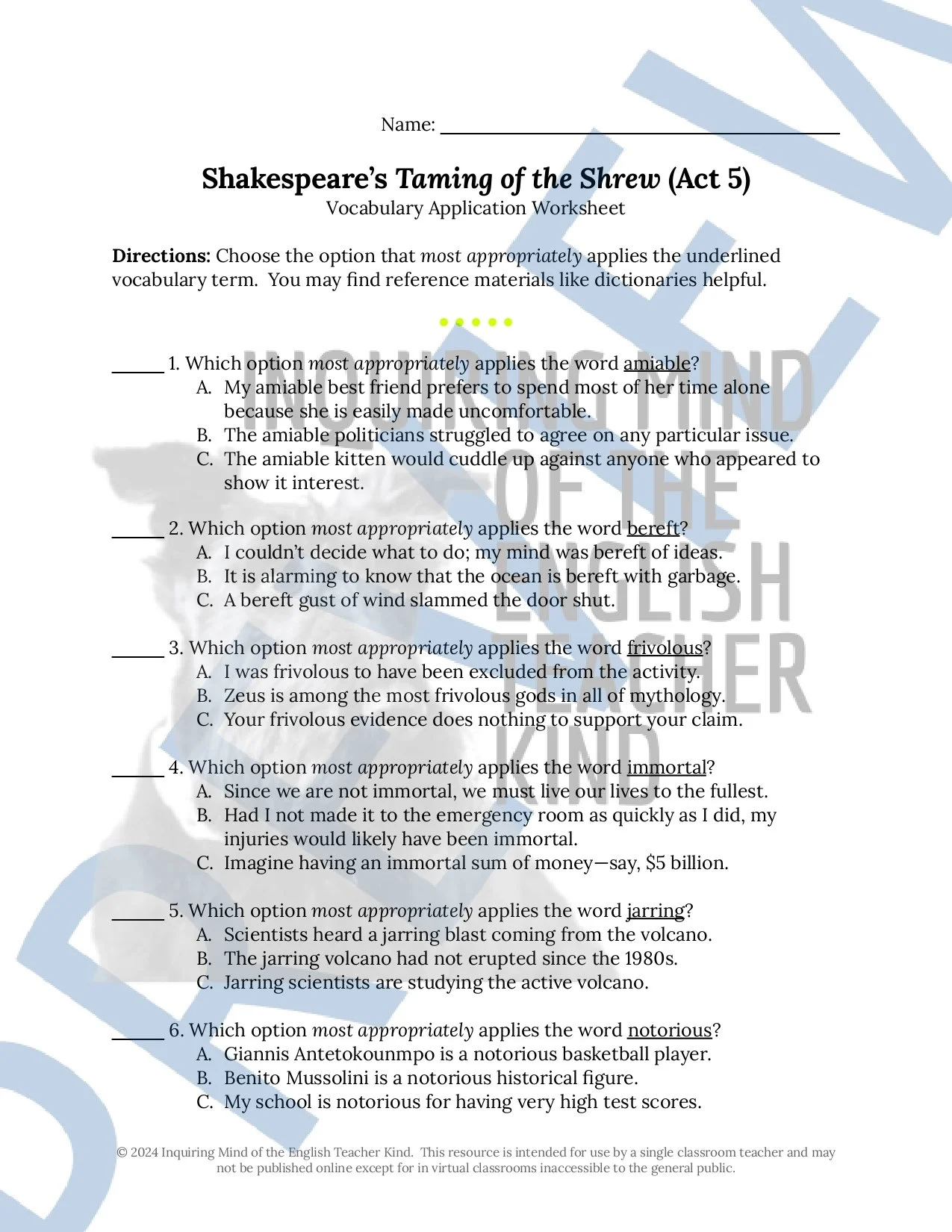Taming of the Shrew Act 5 Quiz, Close Readings, and Vocabulary Games ...