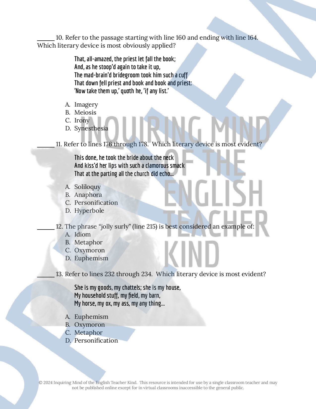Shakespeare's The Taming of the Shrew Close Reading Analysis Worksheets ...