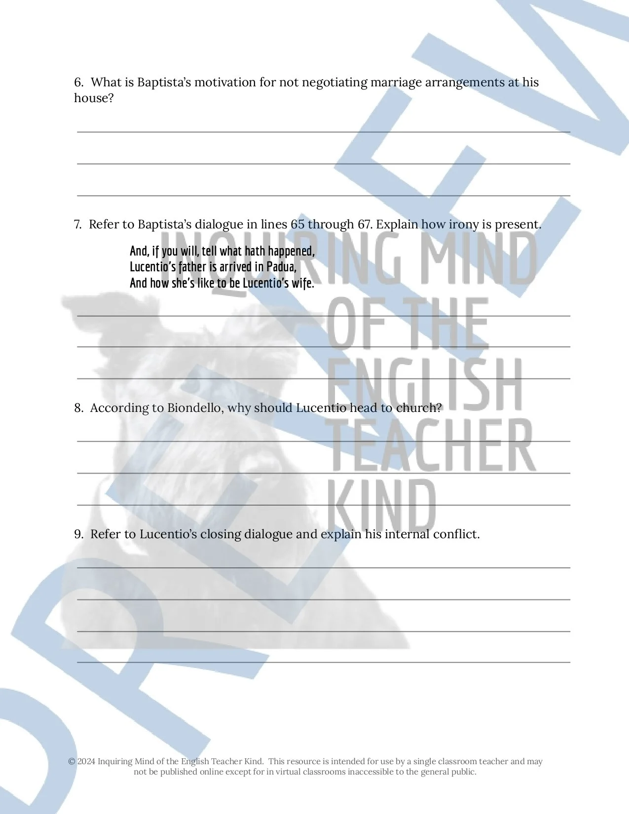 Shakespeare's The Taming of the Shrew Close Reading Analysis Worksheets ...