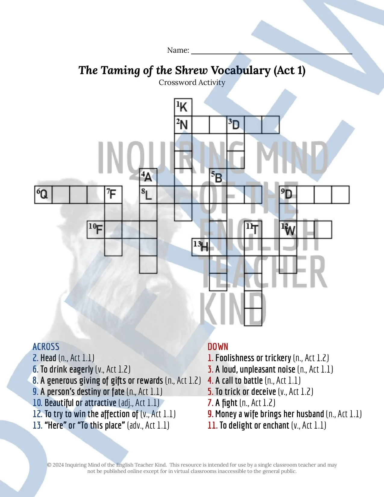 Shakespeare's The Taming of the Shrew Vocabulary Games Bundle for High ...