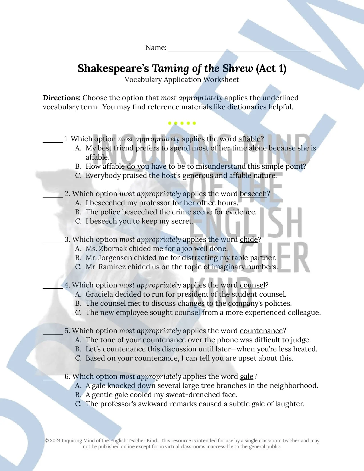 The Taming of the Shrew Quiz, Close Reading Worksheets, Vocab Games ...