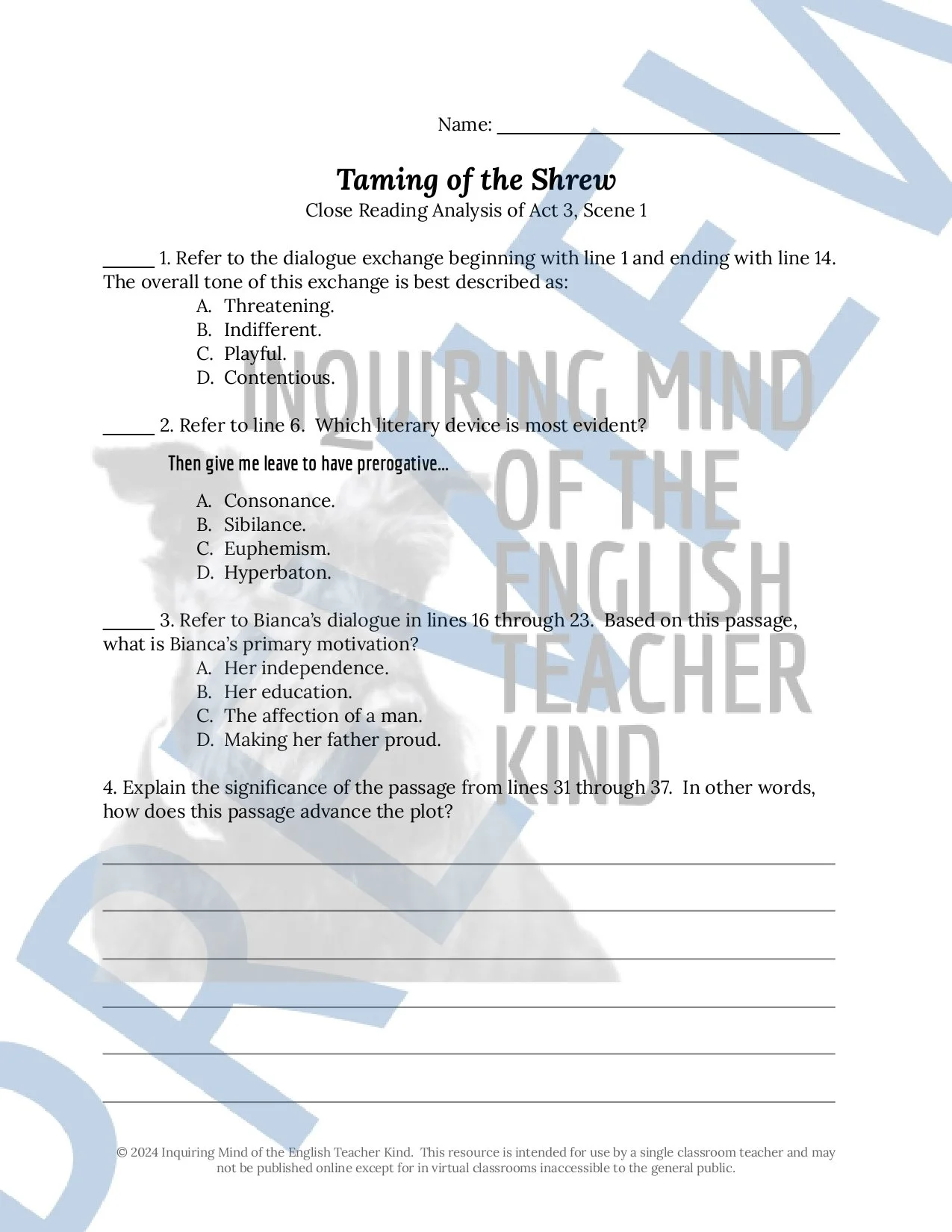 The Taming of the Shrew Quiz, Close Reading Worksheets, Vocab Games ...