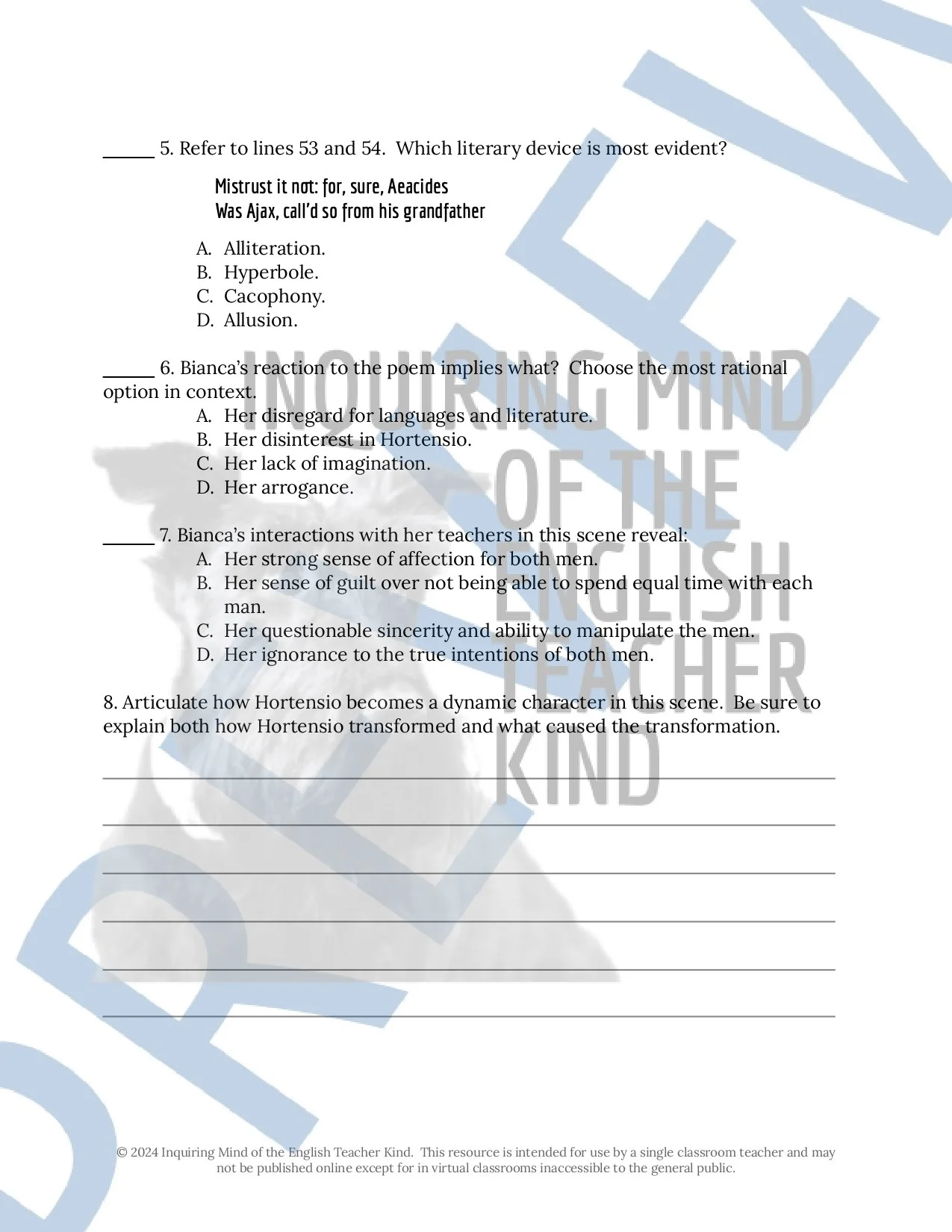 The Taming of the Shrew Quiz, Close Reading Worksheets, Vocab Games ...