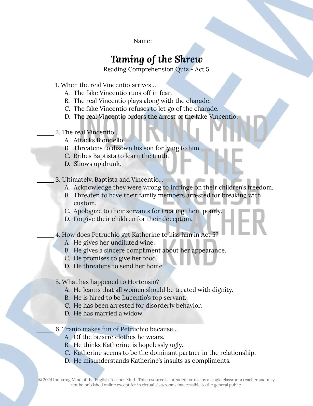 The Taming of the Shrew Quiz, Close Reading Worksheets, Vocab Games ...