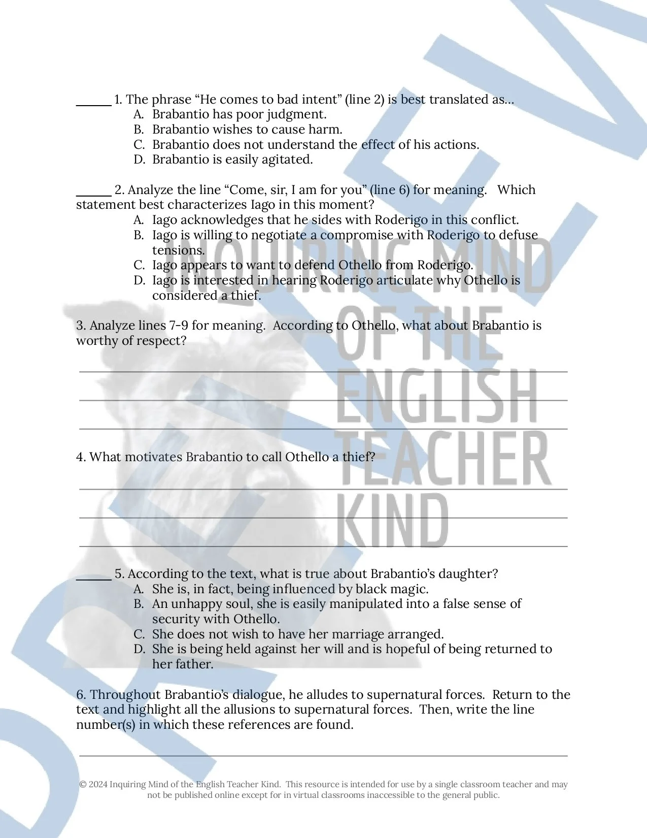 William Shakespeare's Othello Act 1 Quiz, Close Reading Worksheets, and ...