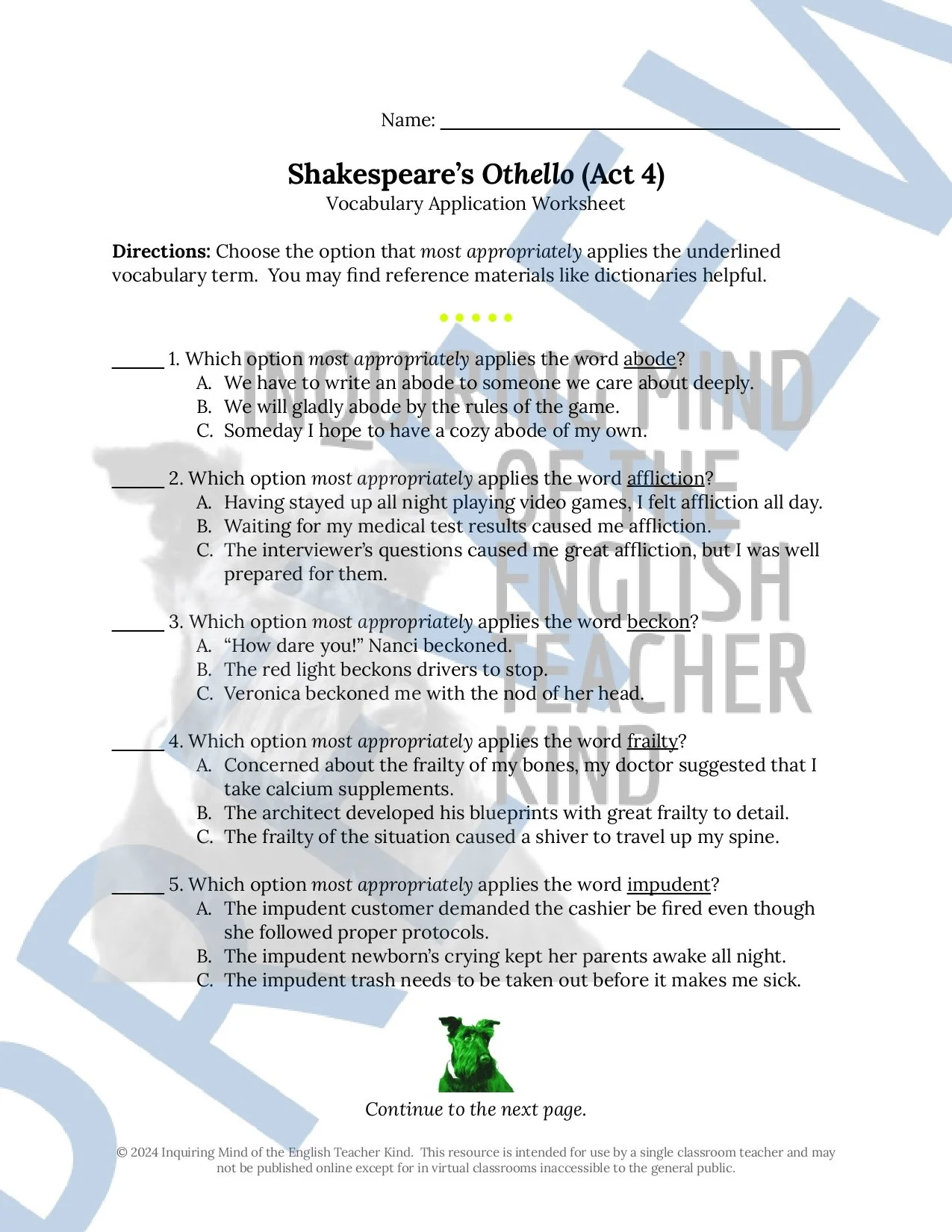 Othello Act 4 Quiz, Close Reading Worksheets, and Vocabulary Games ...