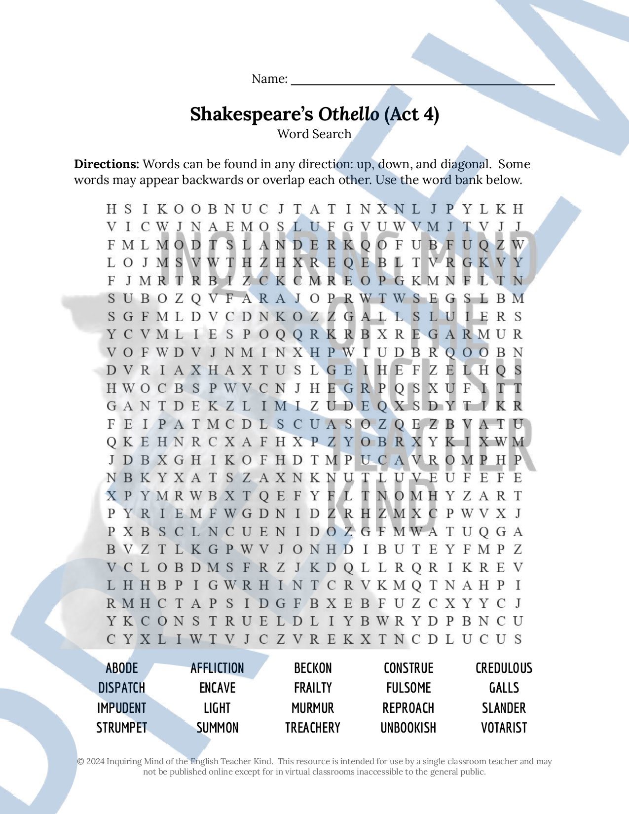 Othello Act 4 Quiz, Close Reading Worksheets, and Vocabulary Games ...
