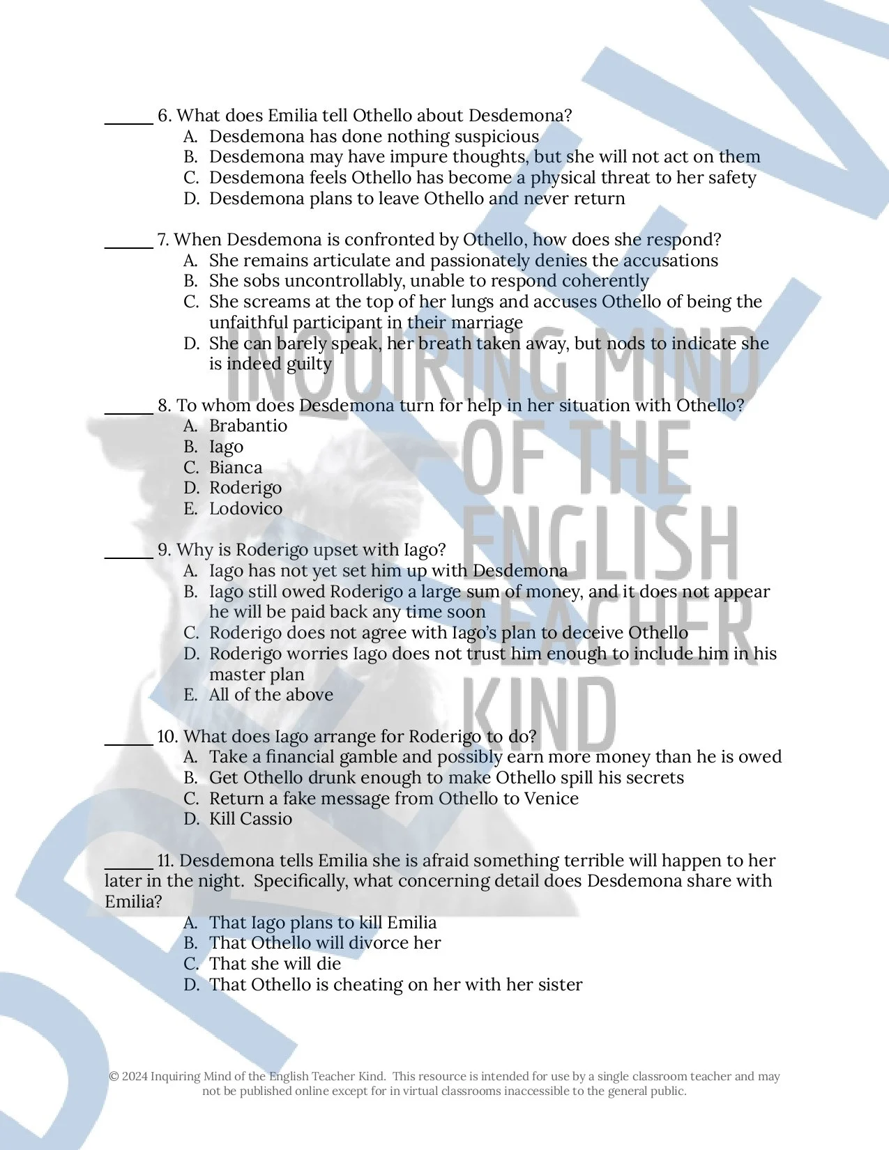 Othello Act 4 Quiz, Close Reading Worksheets, and Vocabulary Games ...