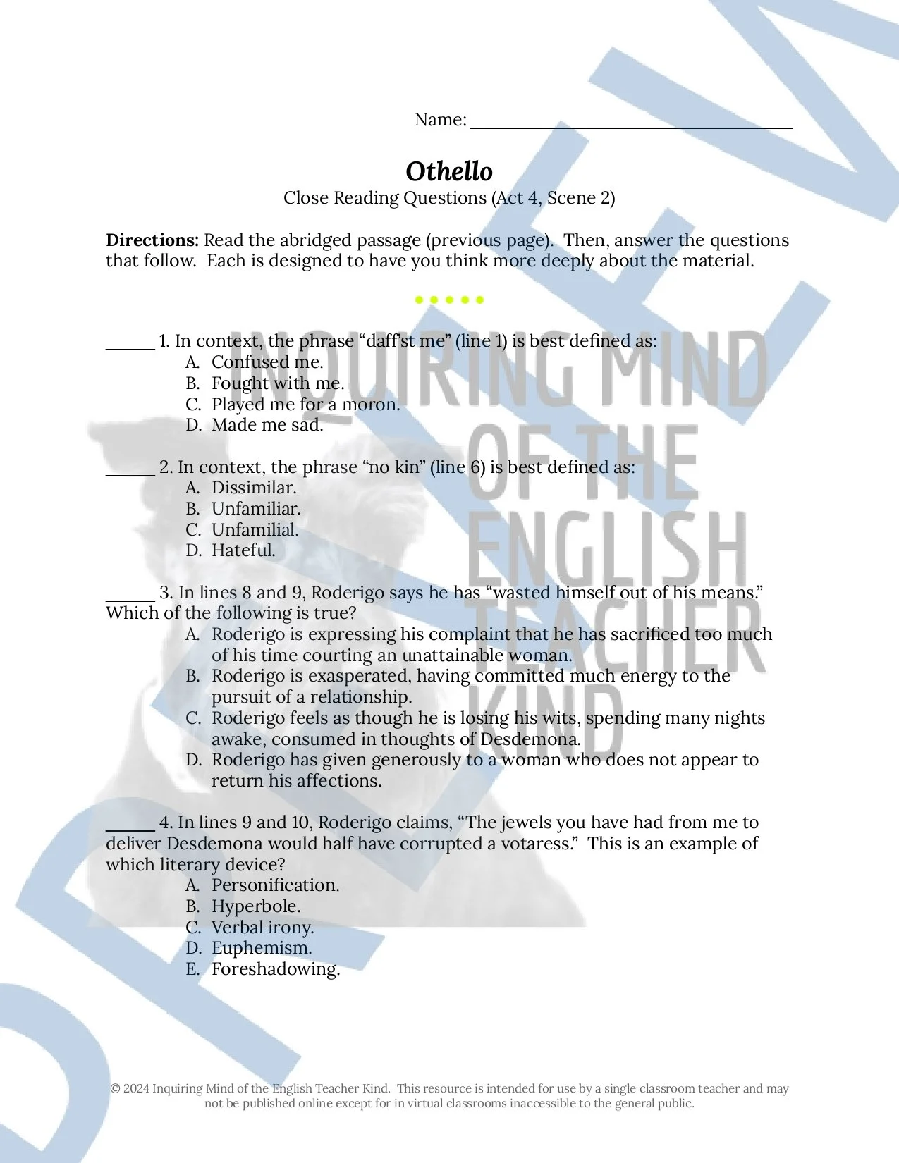 Othello Act 4 Quiz, Close Reading Worksheets, and Vocabulary Games ...