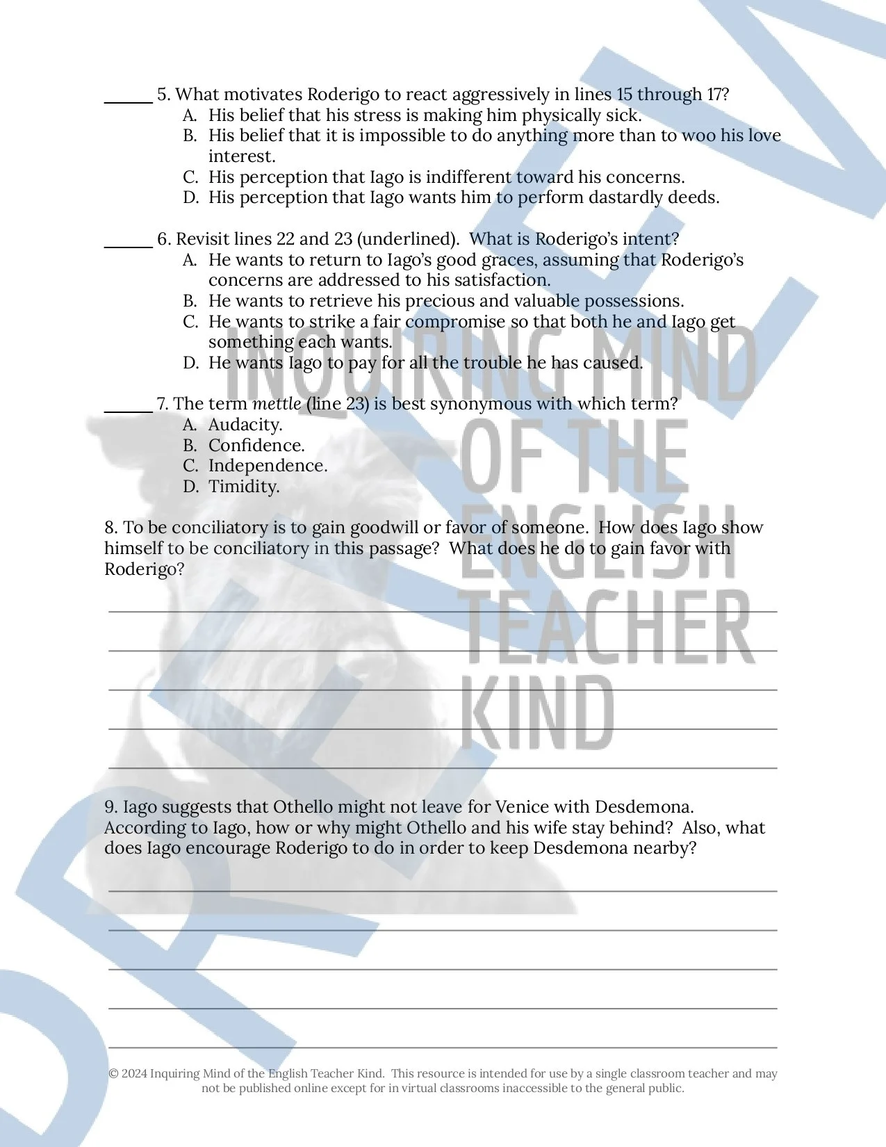 Othello Act 4 Quiz, Close Reading Worksheets, and Vocabulary Games ...
