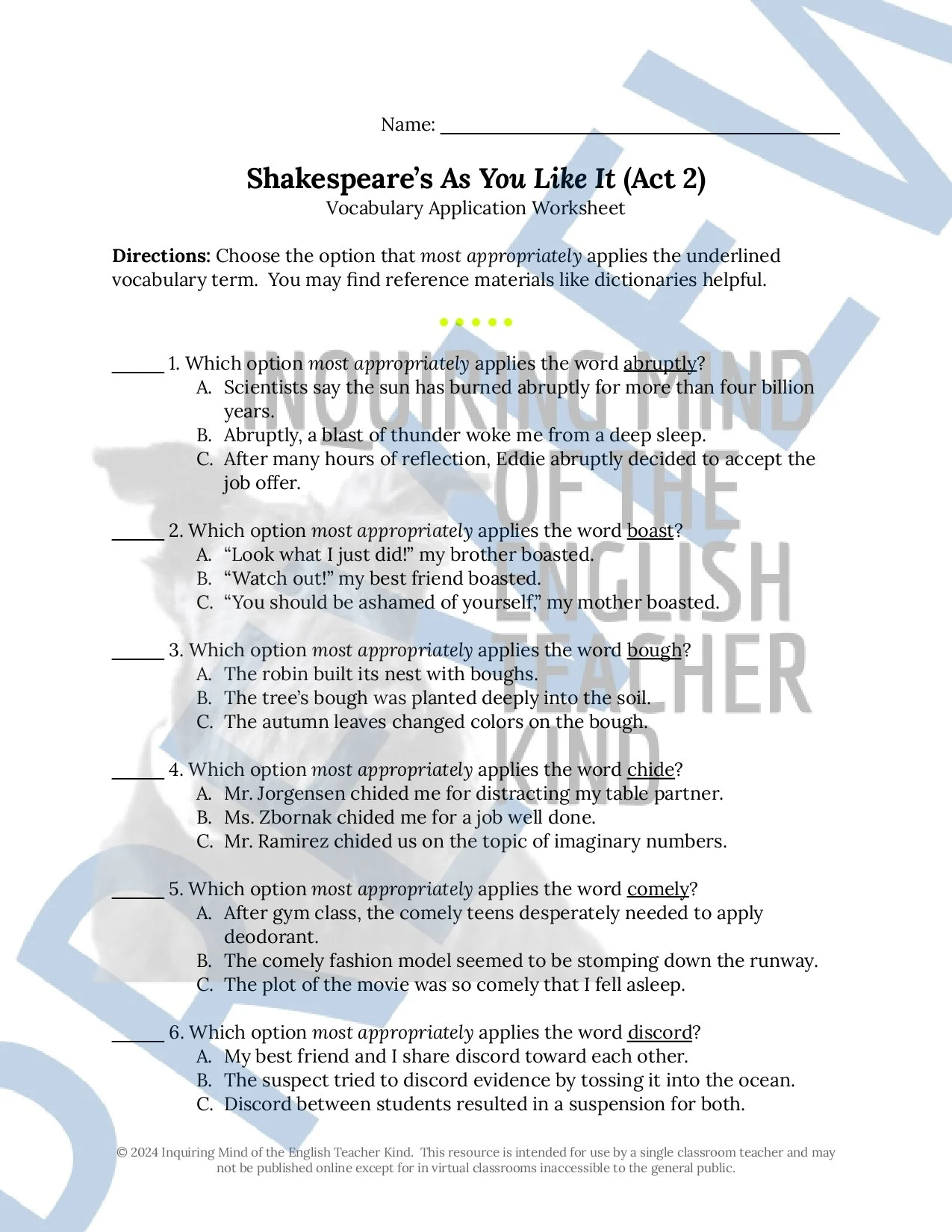 As You Like It Act 2 Quiz, Close Reading Worksheets, and Vocabulary ...