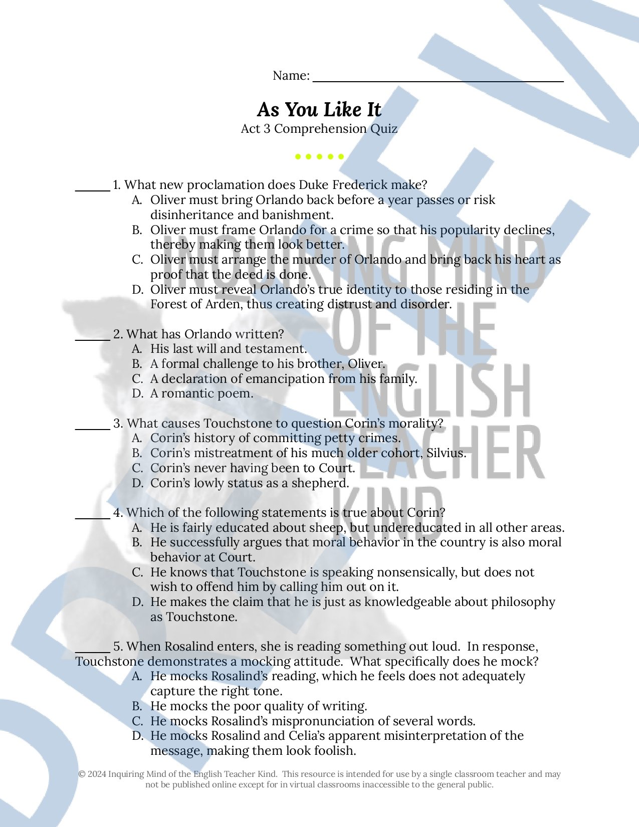 As You Like It Act 3 Quiz, Close Reading Worksheets, and Vocabulary ...