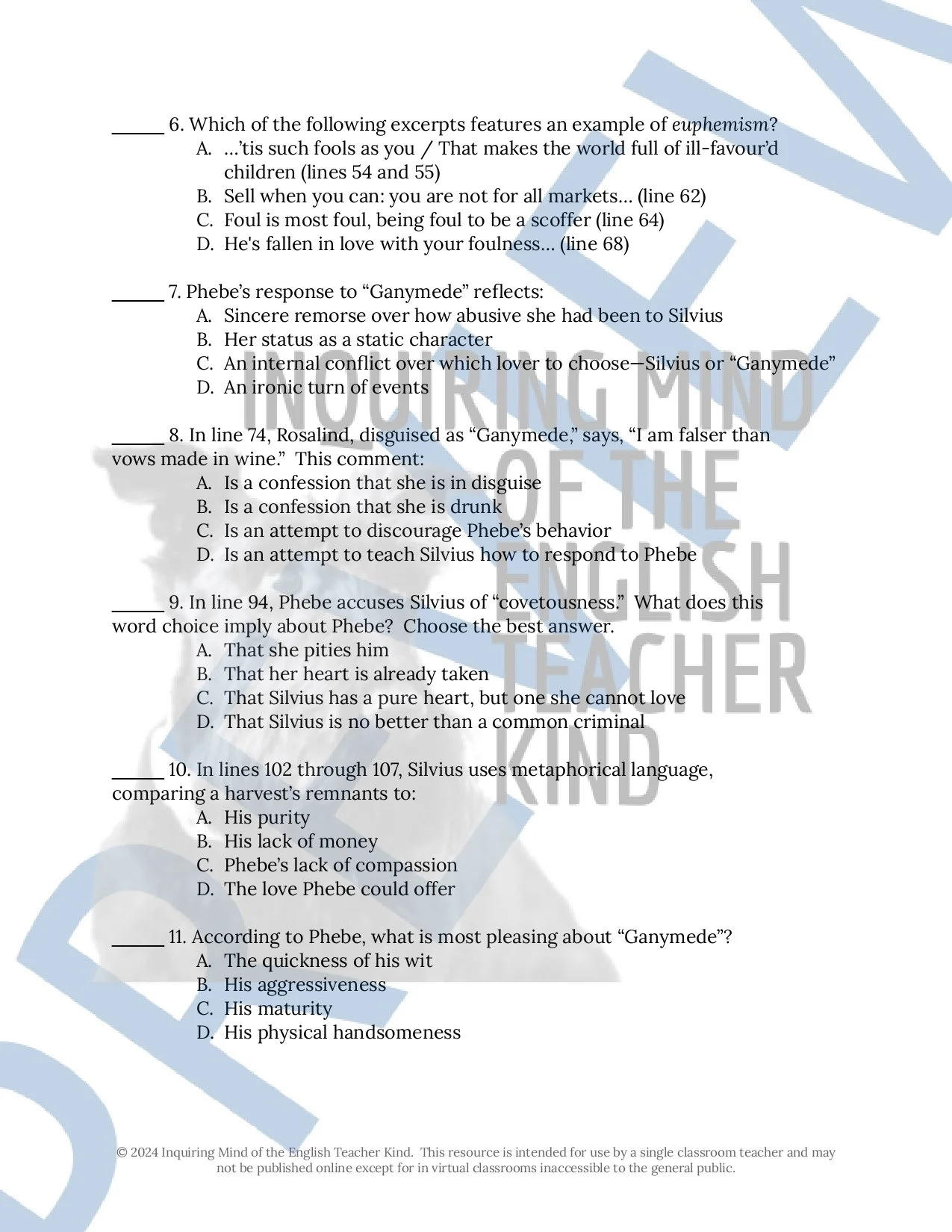 As You Like It Act 3 Quiz, Close Reading Worksheets, and Vocabulary ...