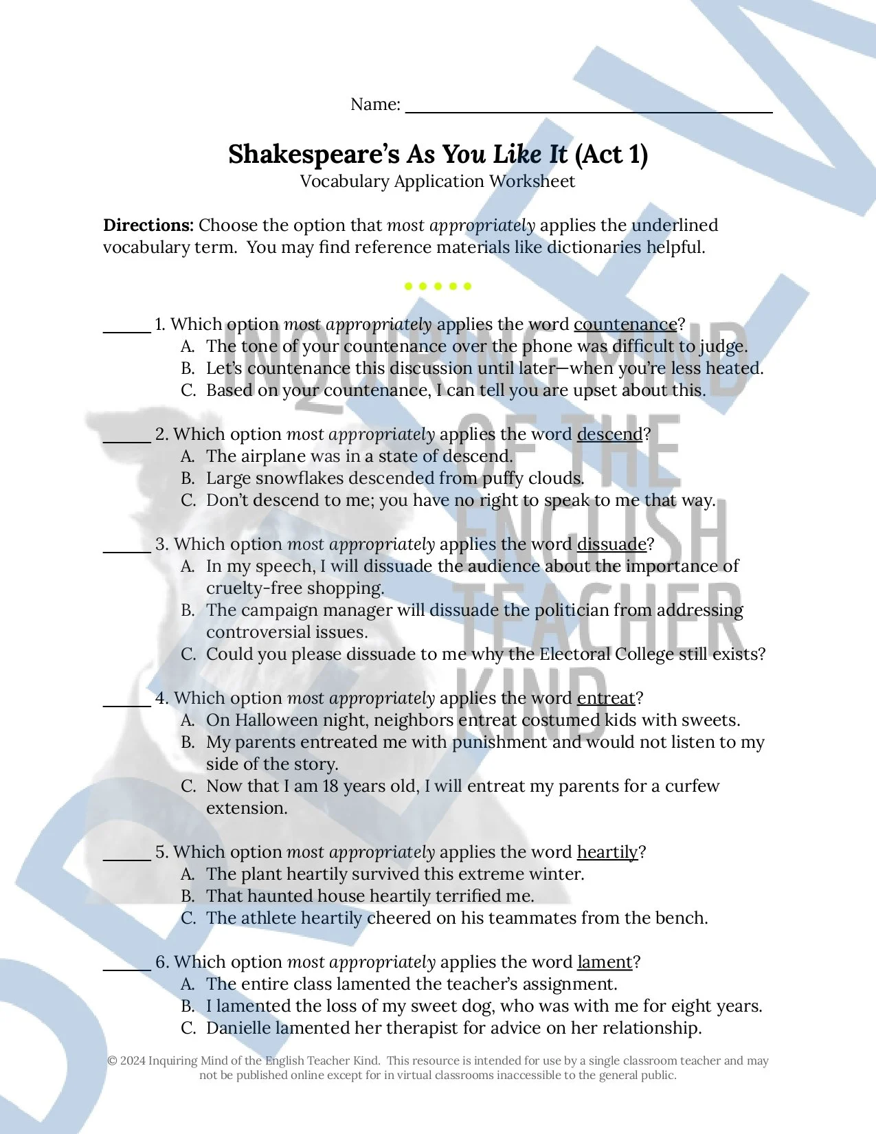 William Shakespeare's As You Like It Vocabulary Games for High School ...