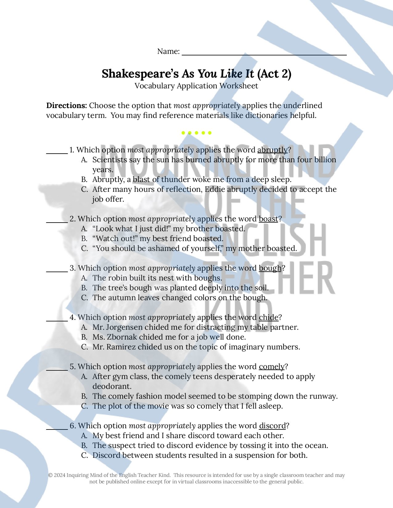 William Shakespeare's As You Like It Vocabulary Games for High School ...