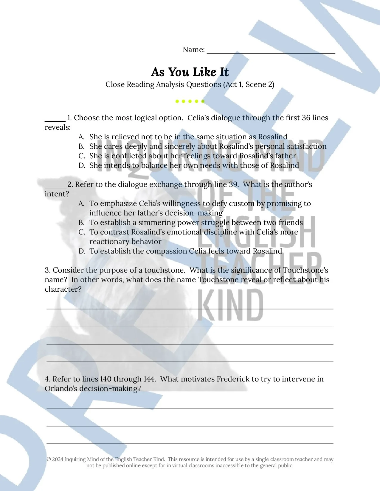 Shakespeare's As You Like It Close Reading Analysis Worksheets Bundle ...