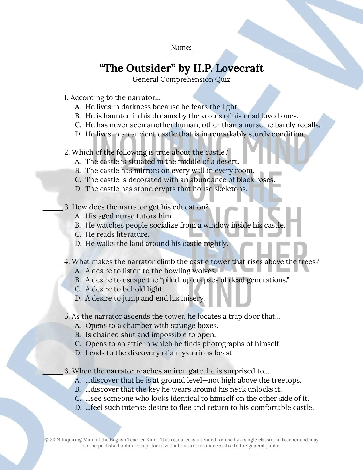 "The Outsider" by H.P. Lovecraft Quiz, Close Reading Worksheets, and ...