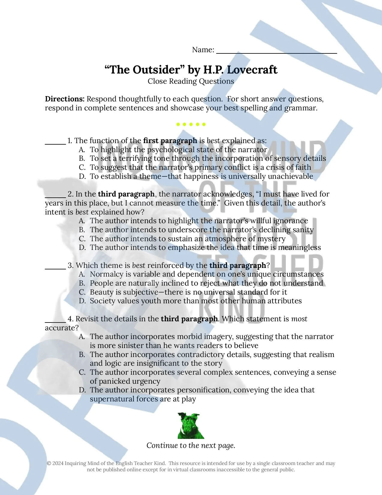 "The Outsider" by H.P. Lovecraft Quiz, Close Reading Worksheets, and ...