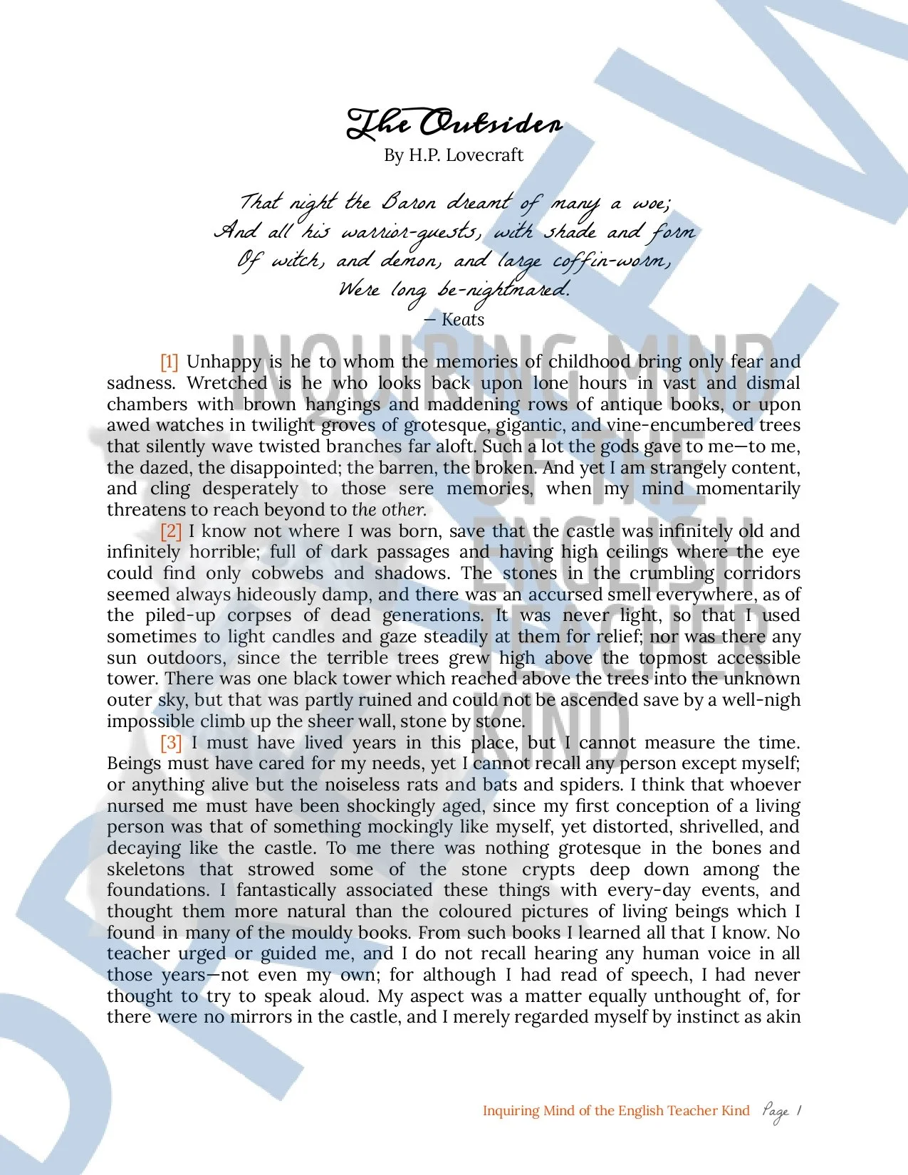 "The Outsider" by H.P. Lovecraft Quiz, Close Reading Worksheets, and ...