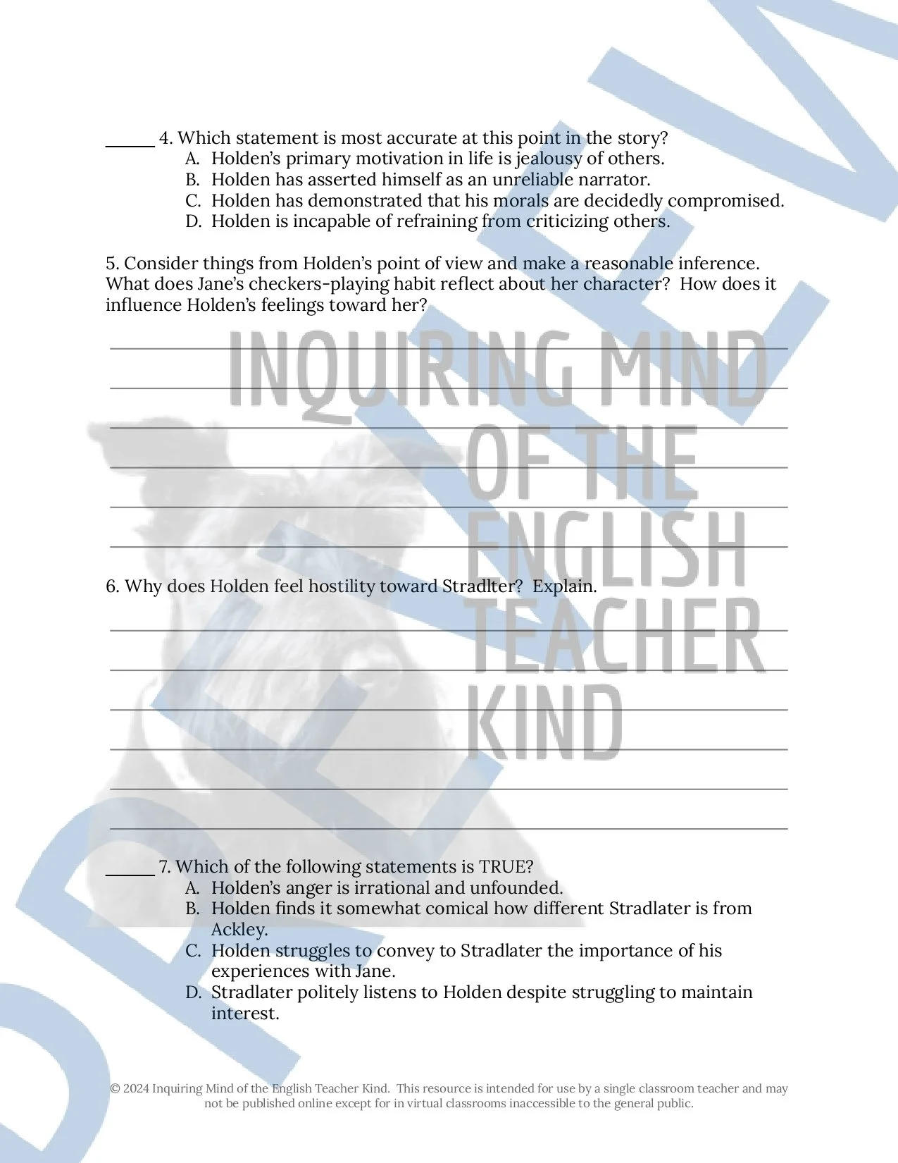 Catcher in the Rye Chapters 3 and 4 Quiz and Close Reading Worksheets ...